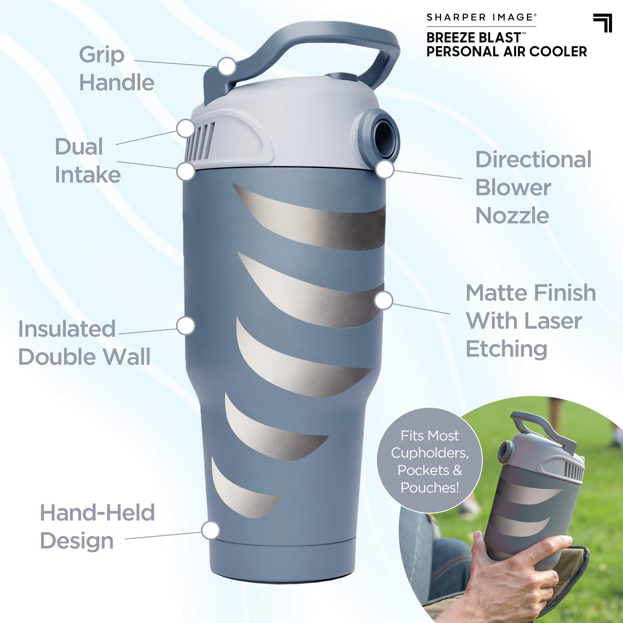 Breeze Blast by Sharper Image Personal Air Cooler, Portable, Rechargeable, Use Indoor/Outdoor, Includes- Unit, 3 Blast Pack Ice Packs- Grey