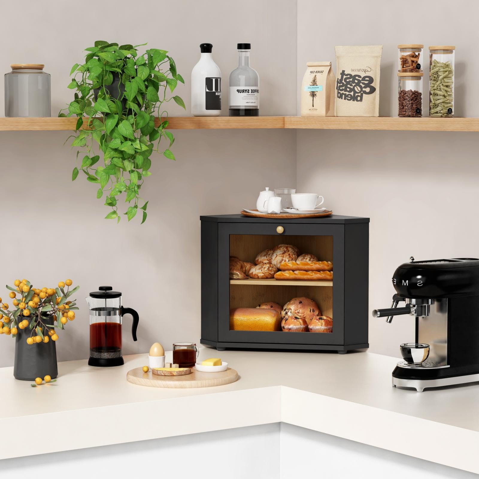 Goozii Corner Bread Box for Kitchen Countertop, Black Bread Storage Container for Homemade Bread, Two Layer Breadbox under Cabinet Mount, Large Bread Holder for Kitchen Counter, Panry Shelf