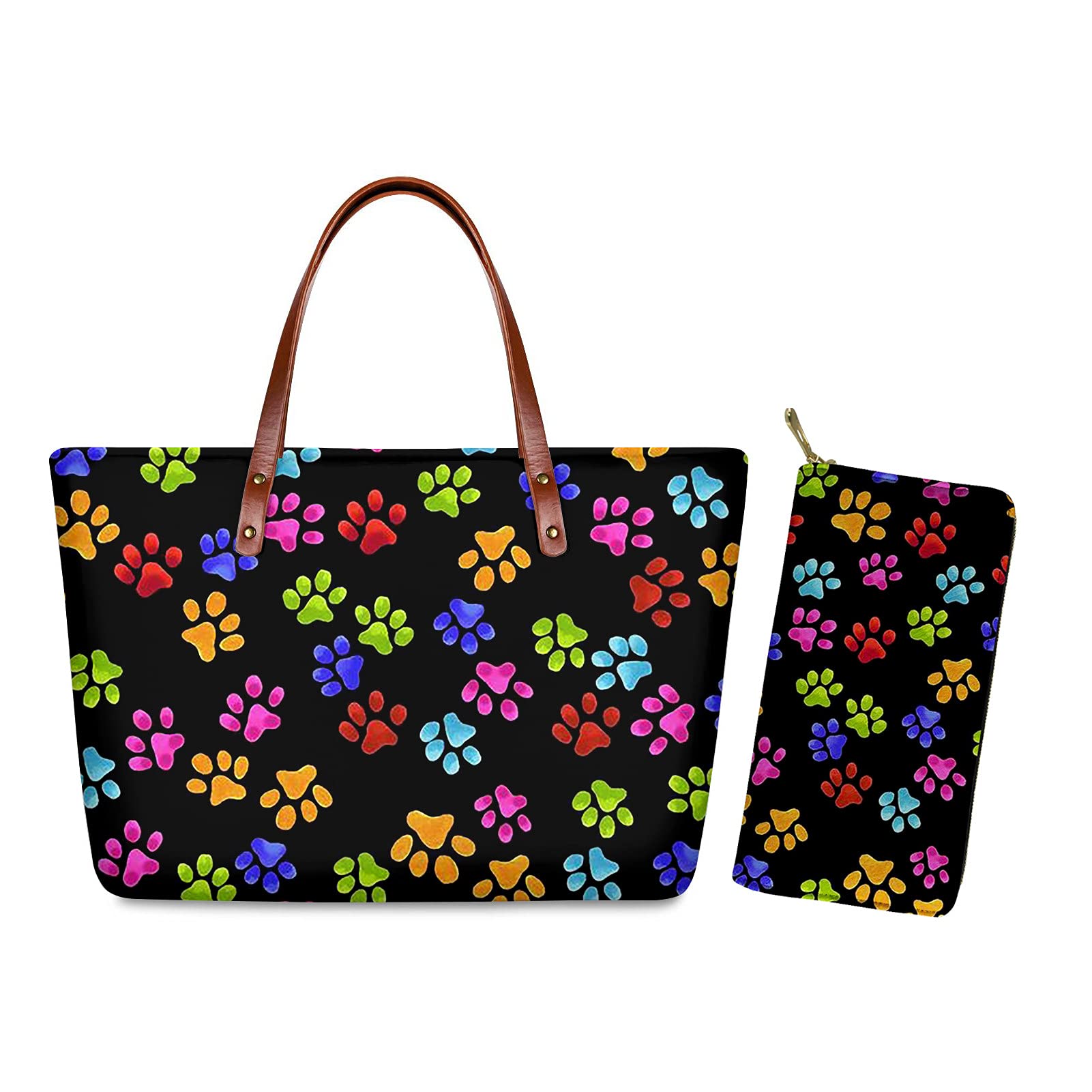 ZFRXIGN Colorful Puppy Paw Print Handbags and Wallets Sets for Women Teen Girls Top Handle Bag Casual Work Street School Shoulder Bag Tote Purse Black