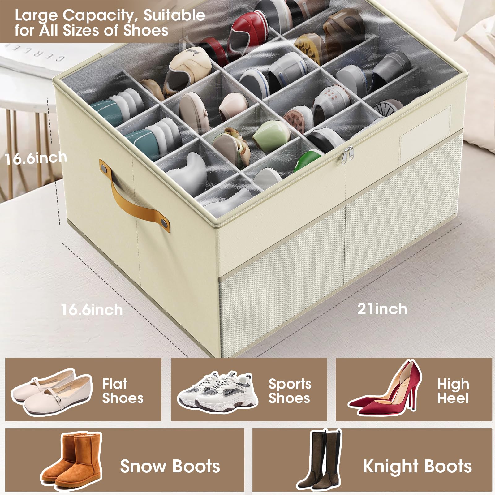 Gattlukd Shoe Organizer for Closet, Fits up to 16 Pairs, Large shoe box storage container with Clear Cover, Adjustable Dividers for Shoe Storage Bins, Space-Saving Shoe Rack, Gray