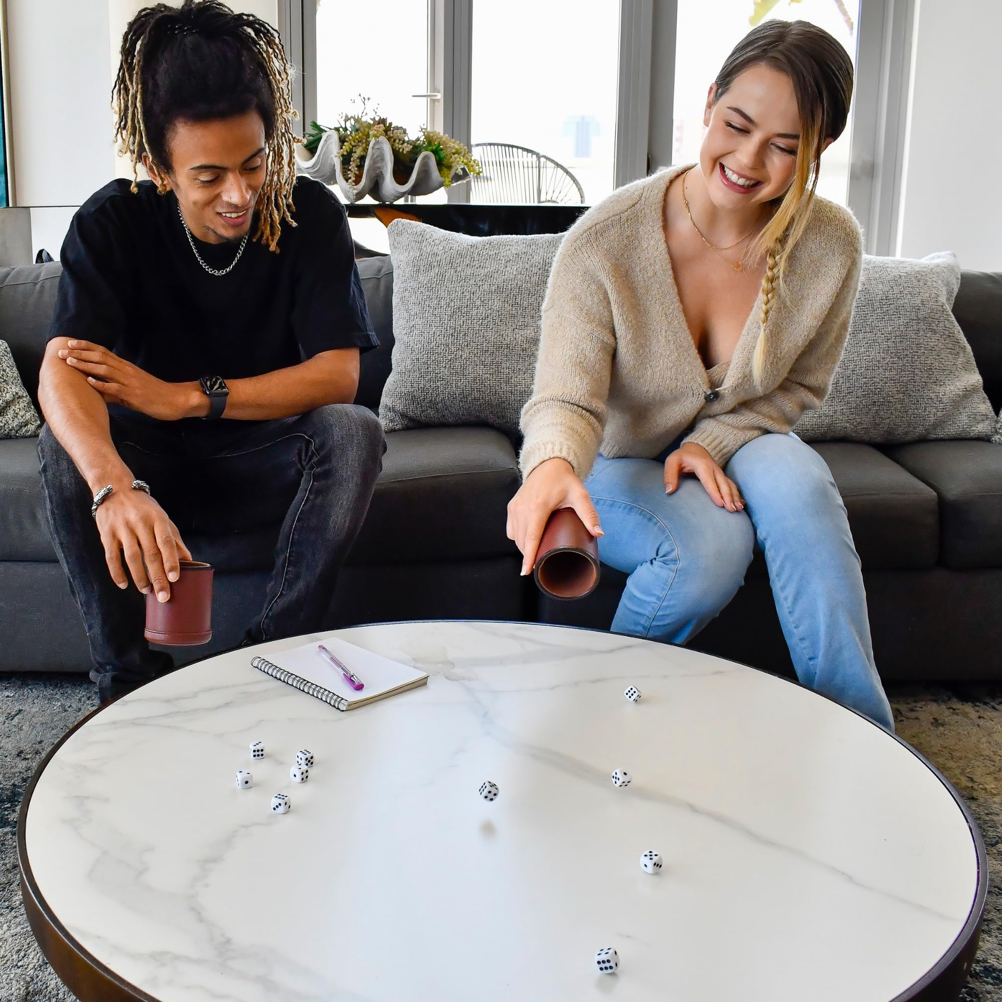 RNK Gaming 5 Pack of Professional Dice Cups PU Leather and Brown Velvet Lined, Includes 25 White Six-Sided Dice