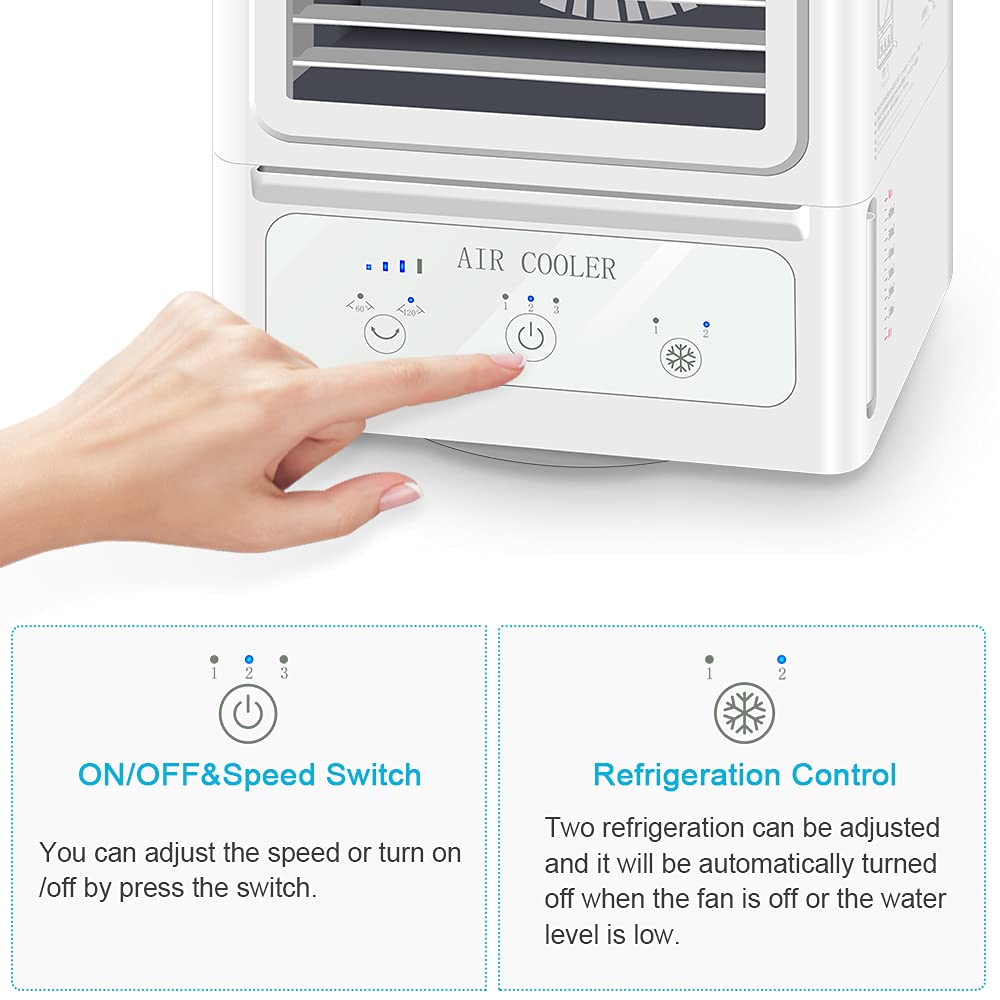 Personal Air Cooler,Auto Oscillation,Portable Air Conditioner Fan with 3 Wind Speeds,2 Refrigeration,Ice Cooler Fan for Indoor Outdoor