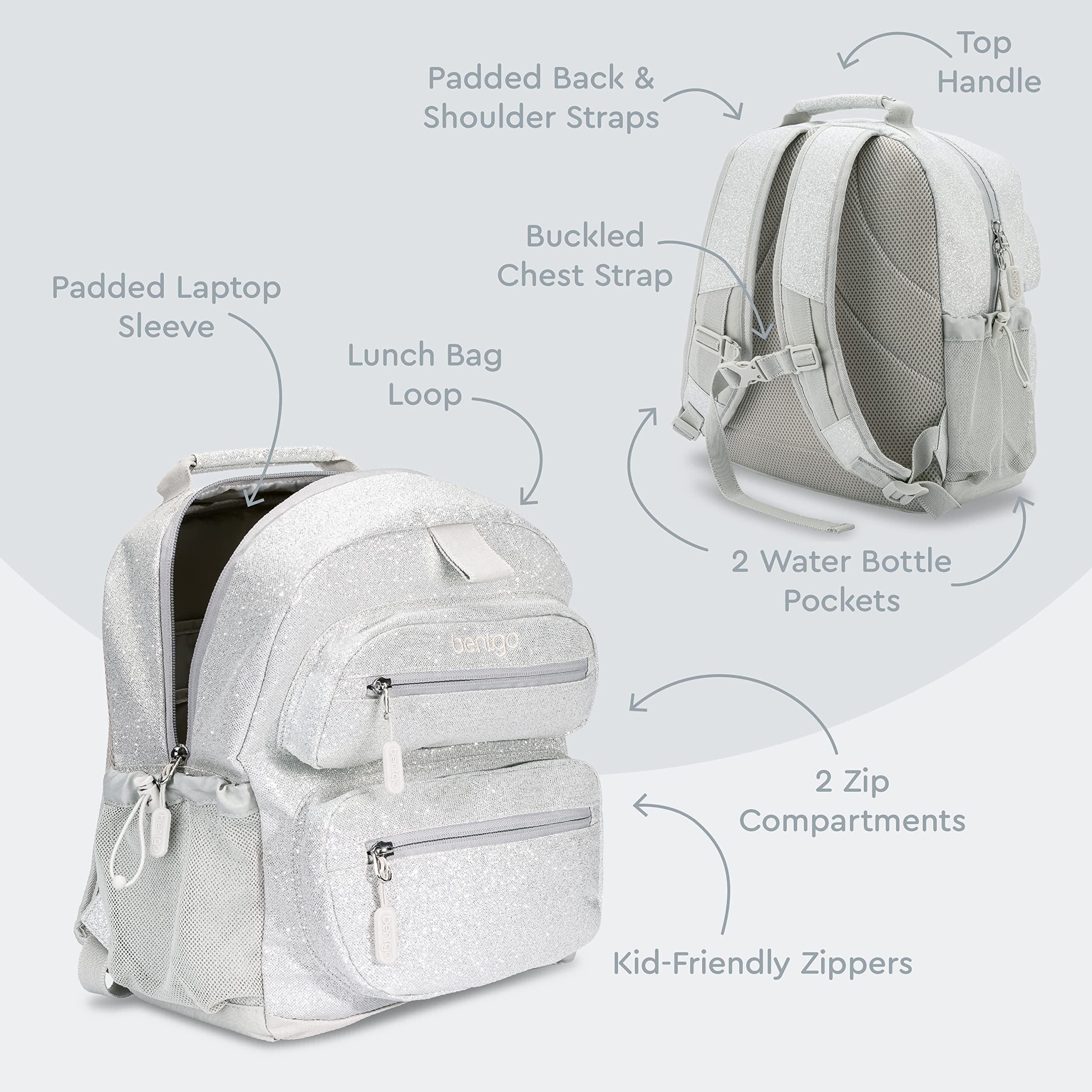 Bentgo® Kids Glitter Backpack - Lightweight 14” Backpack for School, Travel & Daycare, Ideal for Ages 4+, Durable & Water-Resistant, Roomy Interior, & Loop for Lunch Bag (Glitter Edition - Silver)