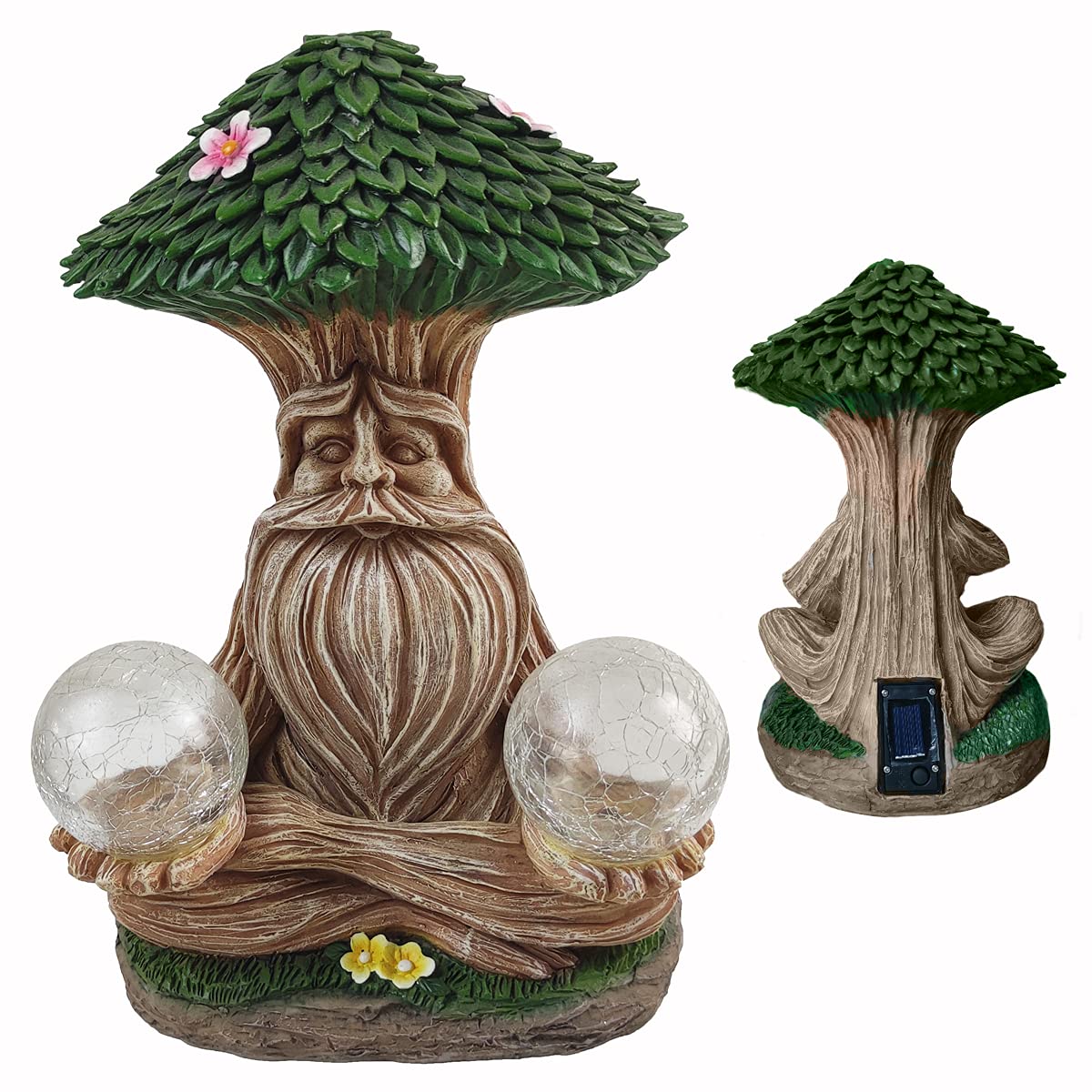 Zen Tree Man Solar Statue Meditation Old Man Figurine with LED Light Fairy Garden Tree Elf Gnome Statue,for Outdoor Decor Patio Yard Lawn Porch Halloween Decoration,11" Tall