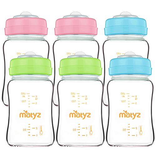 Matyz 6-Pack Borosilicate Glass Breast Milk Bottles (6 oz, 3 Colors) - Wide Neck Breastmilk Collection and Storage Bottle - Formula Storage Bottles Compatible with Medela Avent Spectra Pumps