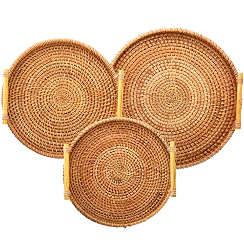 Dicunoy 3 Pack Rattan Basket Tray, Round Wicker Serving Baskets with Handles for Bread, Coffee Table, Decorative Woven Serving Tray for Vegetable, Snack (10", 9", 8")