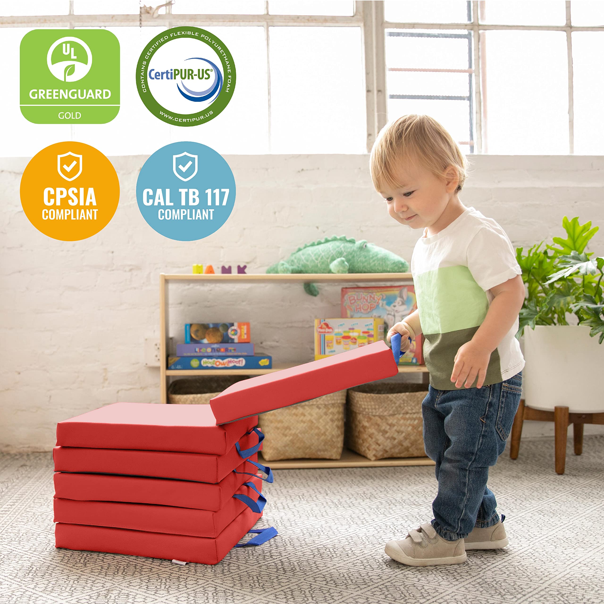 ECR4Kids SoftZone Floor Cushions, Square, Flexible Seating, Red, 6-Piece