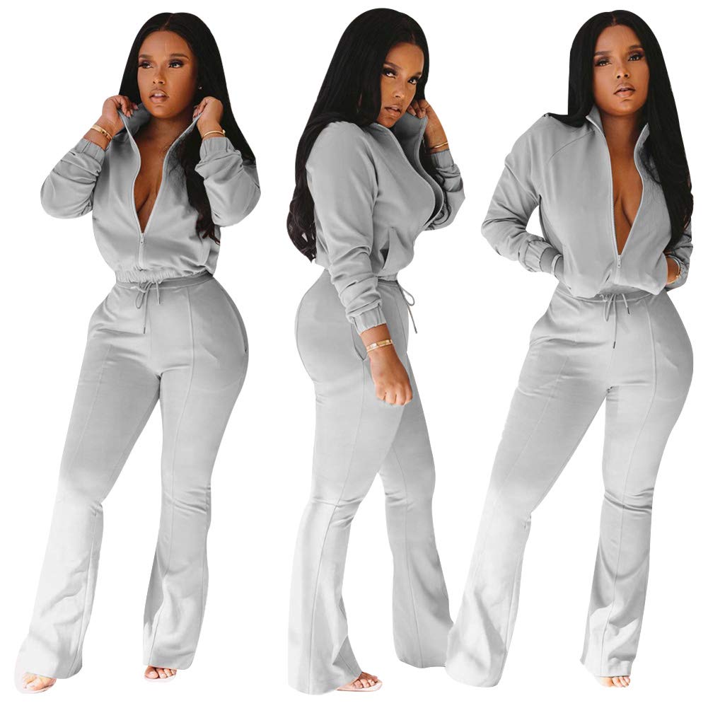 Bluewolfsea Two Piece Outfits for Women - Casual Long Sleeve Zip Top Sweatshirt + Bell Bottoms Jogging Sets Large Gray