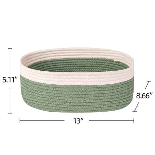 Kriitools Shelf Storage Baskets for Organizing|Cute Basket for Closet&Blanket Storage|Small Woven Baskets to Store Toys,Books,etc.-13x8.66x5.11ββ Cotton Rope,Stylish,Oval 3 Packs Off White&Green