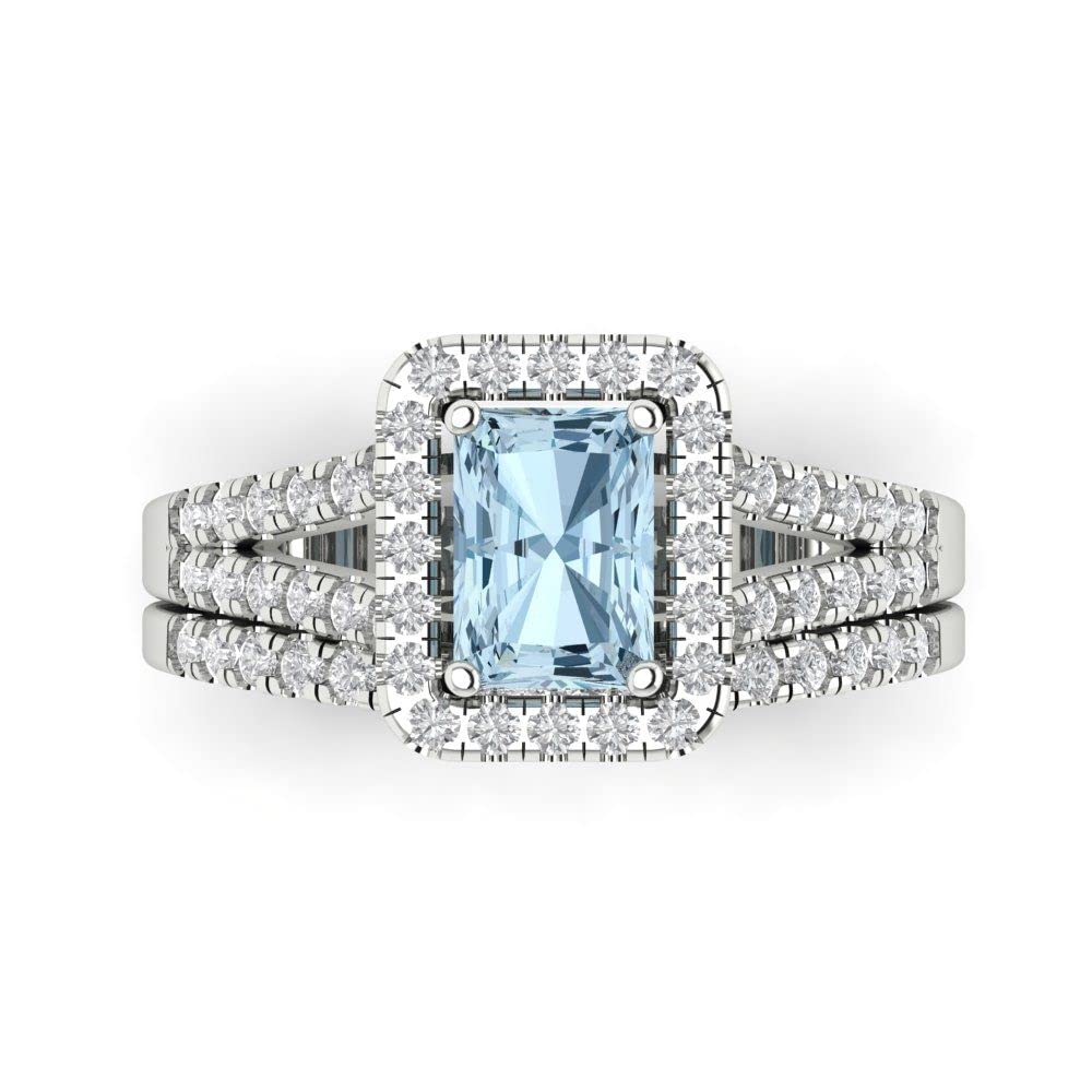 Clara Pucci 1.7 ct Emerald Halo Solitaire Genuine Natural Aquamarine Designer Art Deco Statement Wedding Ring Band Set 18K White Gold 11