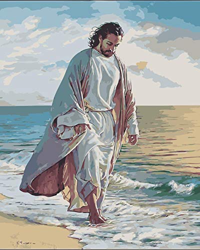 LPRTALK Paint by Numbers for Adults, DIY Painting by Numbers for Beginner Students Kids, Color Canvas, DIY Acrylic Paints for Room Décor 16x20 Inch- Jesus is Walking on The Beach