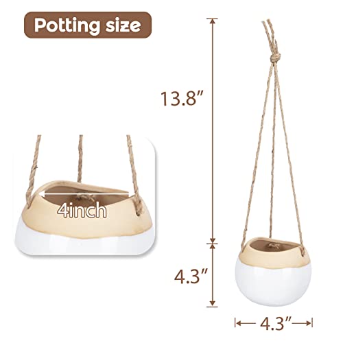 Chonsun Hanging Ceramic Planter 4 Inch Plant Pot Indoor Outdoor Planter Flower Pot Succulent Plant Pot Ceramic Mid-Century Planter Brown and White