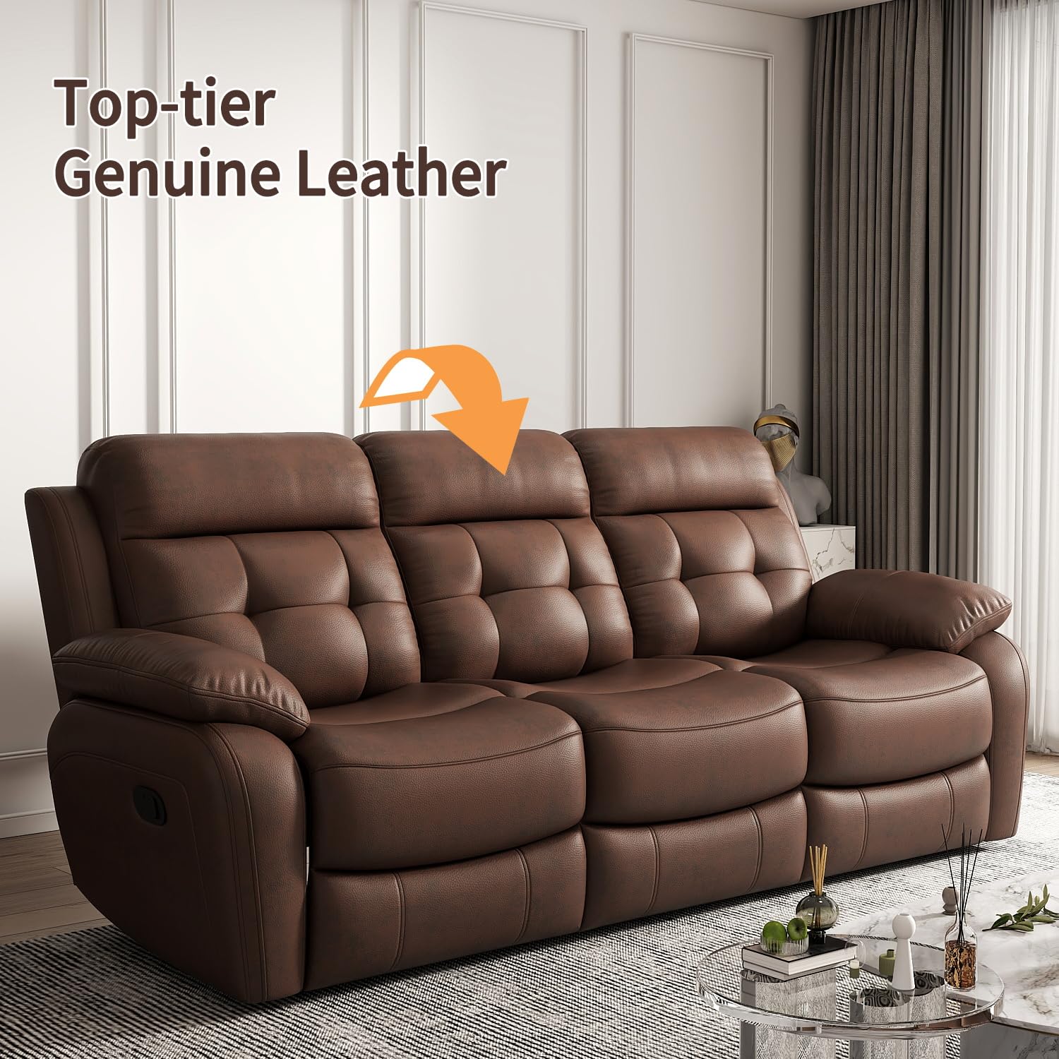 Elountik Luxury 3-Seat Genuine Leather Manual Reclining Sofa, Leather Recliner Couch with Drop Down Table and Stainless Steel Cupholders (Blue)