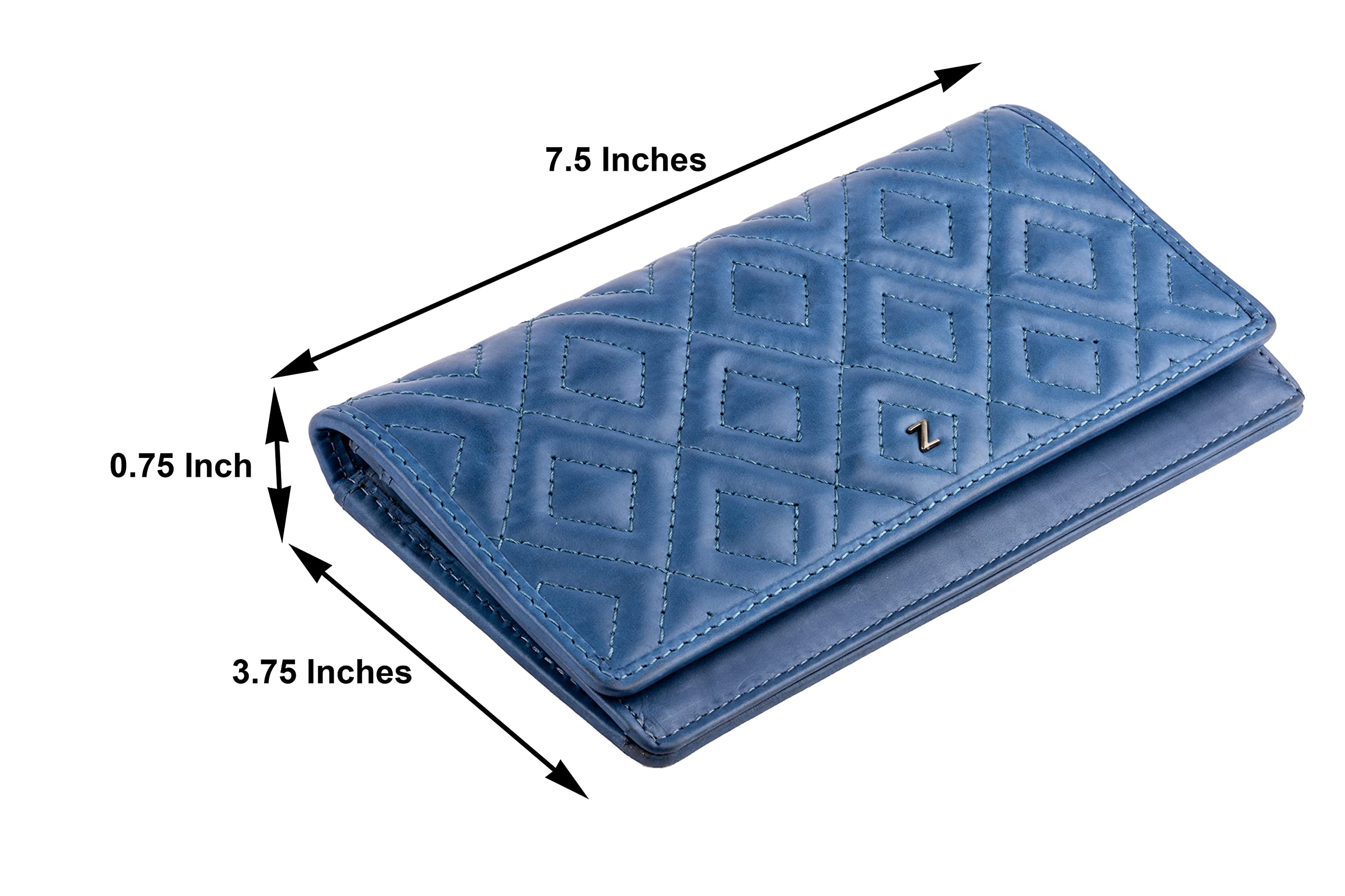 Zinda Genuine Leathers Women’s Wallet RFID Protection Long Purse Flap Over Quilted (Blue)