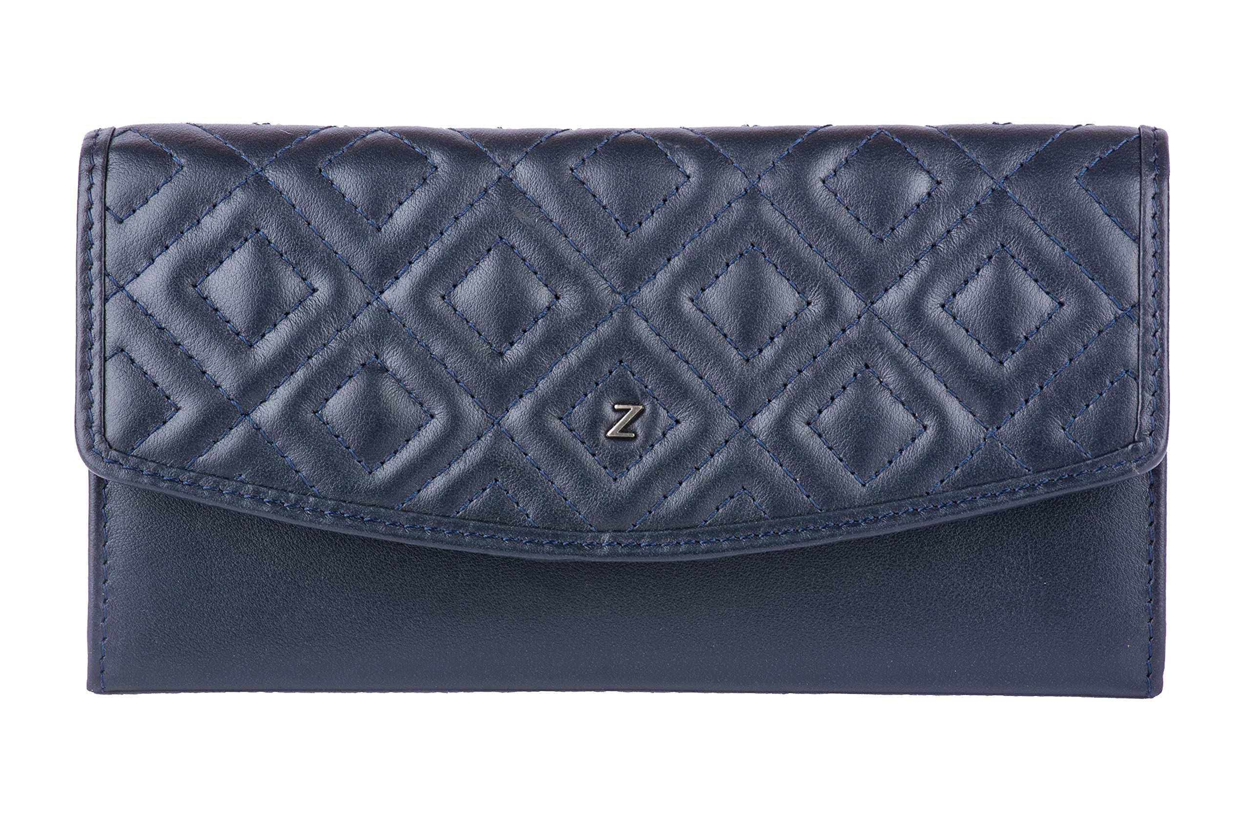 Zinda Genuine Leathers Women’s Wallet Long Purse Flap Over RFID Protection Quilted (Navy)