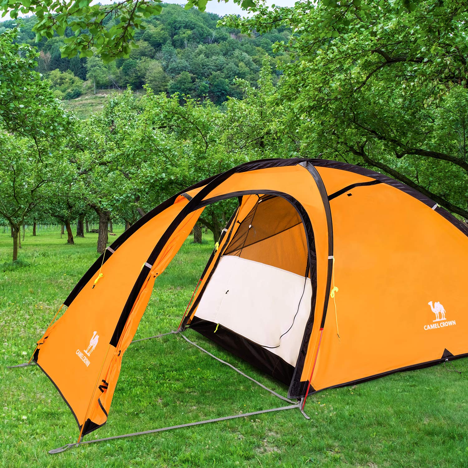 CAMEL CROWN 2-Person-Camping-Tents, Waterproof Windproof Tent with Front Hall, Aluminum Pole, Easy Set Up, Portable with Carry Bag, for All Seasons