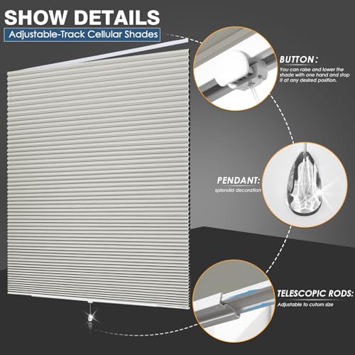 CINONEKO No Tools No Drill Blackout Cellular Shades【Trimmable Retractable Adjustable】 Sliding Panel Track Vertical Honeycomb Blinds Noise Cancelling Thermal Insulated Waterproof Lift Trim Gray 39x64