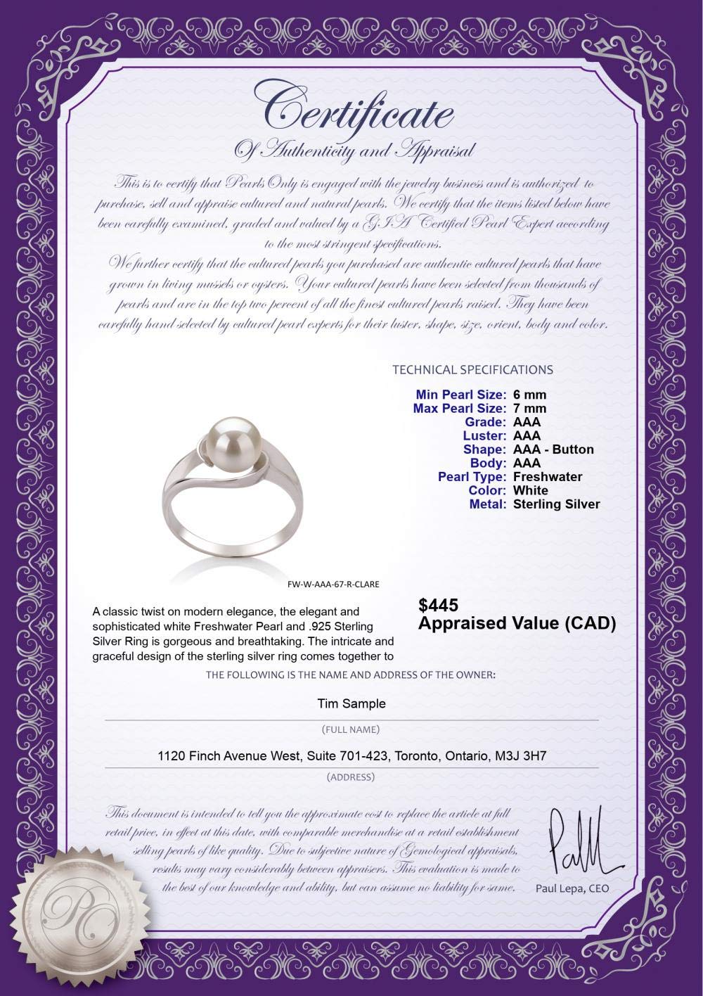 Clare White 6-7mm AAA Quality Freshwater 925 Sterling Silver Cultured Pearl Ring For Women - Size-6