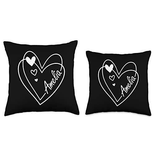 Forenames Personalized Valentineshearts Letter A Amelia Name Handlettering Personalized Double Heart Black Throw Pillow, 16x16, Multicolor