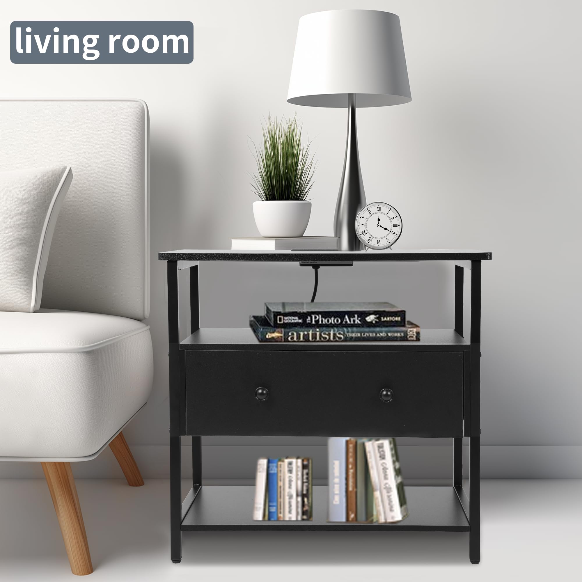 Edbuosy 27 inch Nightstand Side Table with 1 Layer of Wooden Drawers,Nightstand with Charging Station,End Table Bedside Table with USB Ports and Outlets (Black)