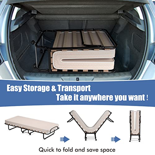 KOMFOTT Folding Rollaway Bed with Mattress, Foldable Bed with Memory Foam Mattress for Adults, Portable Fold Up Guest Bed with Sturdy Steel Frame on Wheels for Home & Office, Made in Italy (Beige)