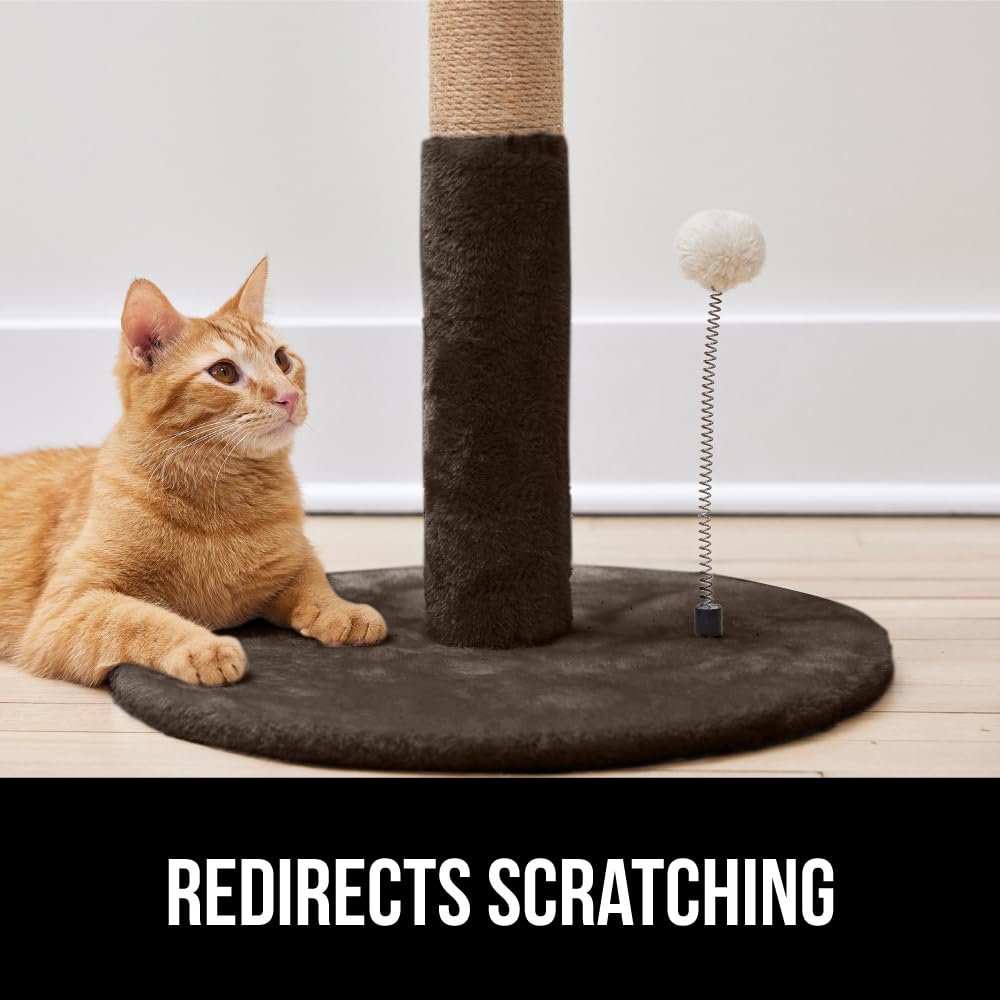 Gorilla Grip Heavy Duty Cat Scratching Post, All Natural Rope, Plush Carpet Secure Base Indoor Scratcher Cats, Kitten Nail File Tower, Spring and Rope Balls, Tall Sturdy Toy for Adults, Small Gray