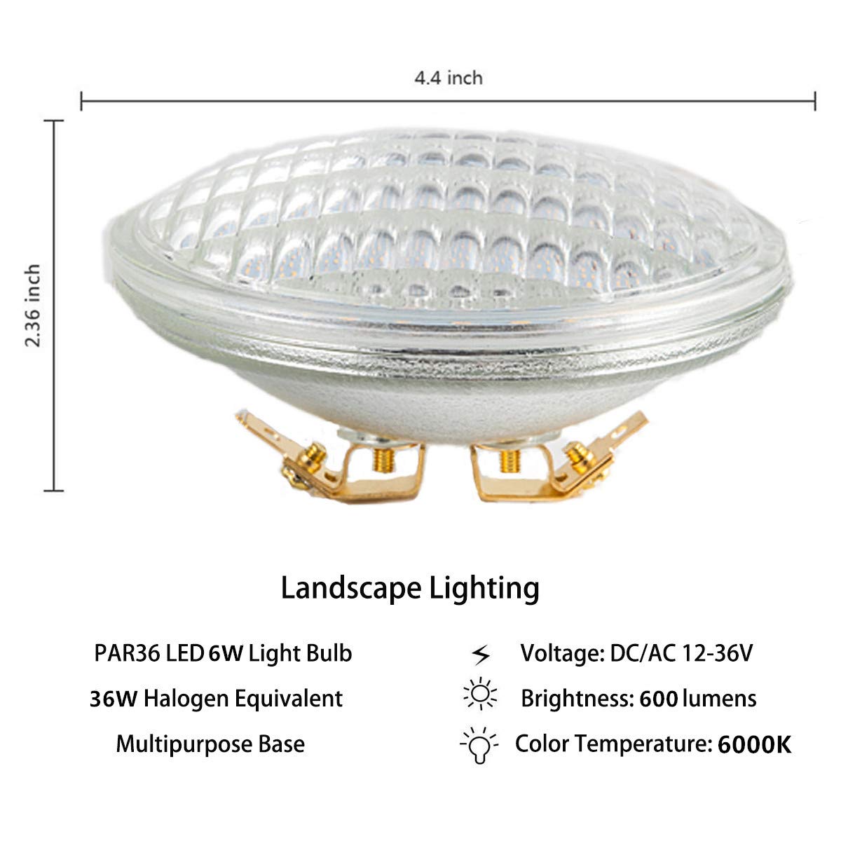 Beonllay PAR36 LED Landscape Light Bulb, 6W 600LM, 6000K, 36Watt Halogen Landscape Bulb Equivalent, 12V AC/DC, PAR36 LED Bulb for Tractor Light, Off-Road Vehicles, RV Vehicles, 2 Pack