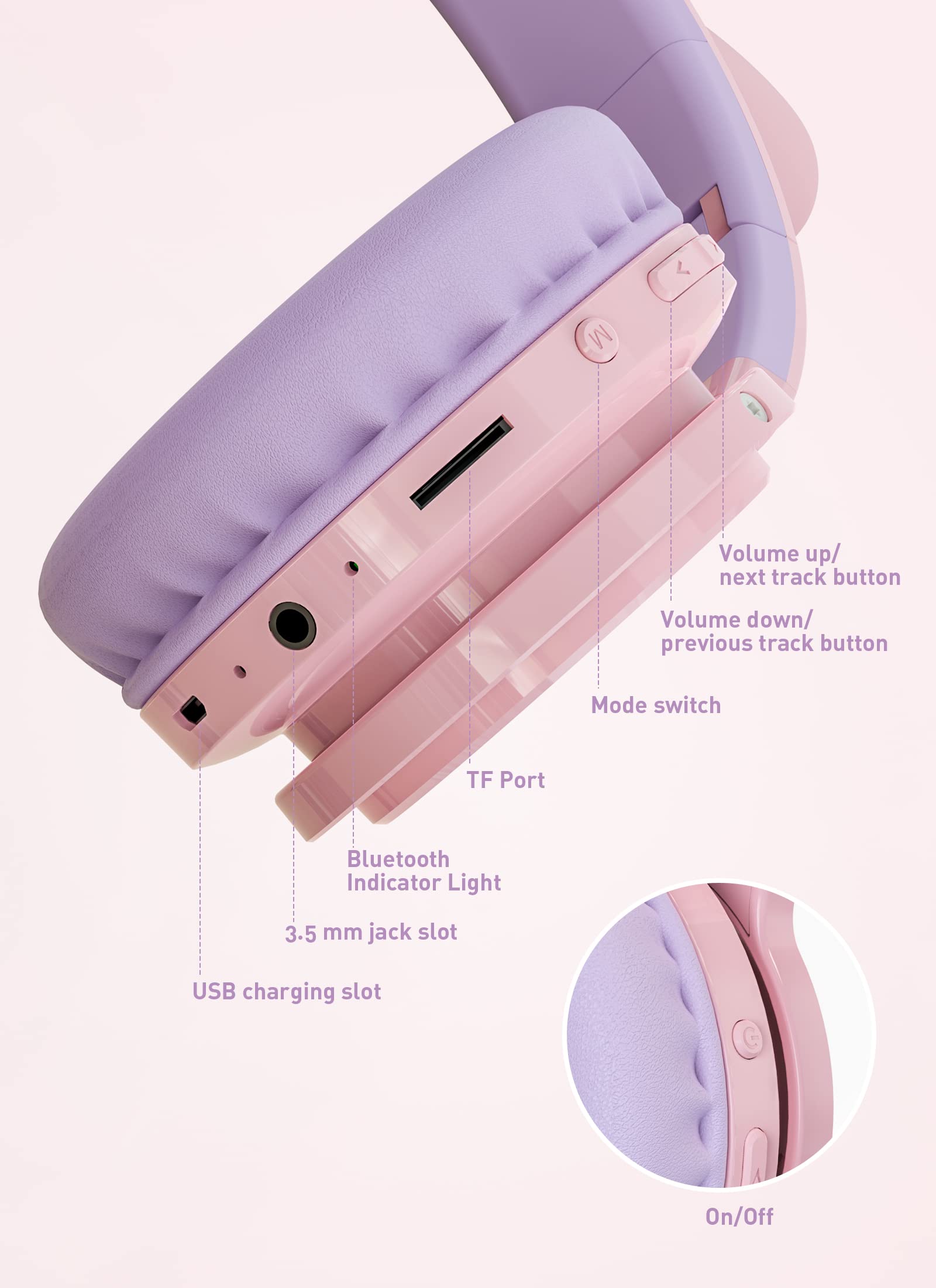Picun Bluetooth Kids Headphones with Microphone, Cat Ear Wireless & Wired 85dB Volume Limited Multi-Function Girl Headphones, Built-in Flashing LED, Foldable for School Study Home Travel- Purple Pink