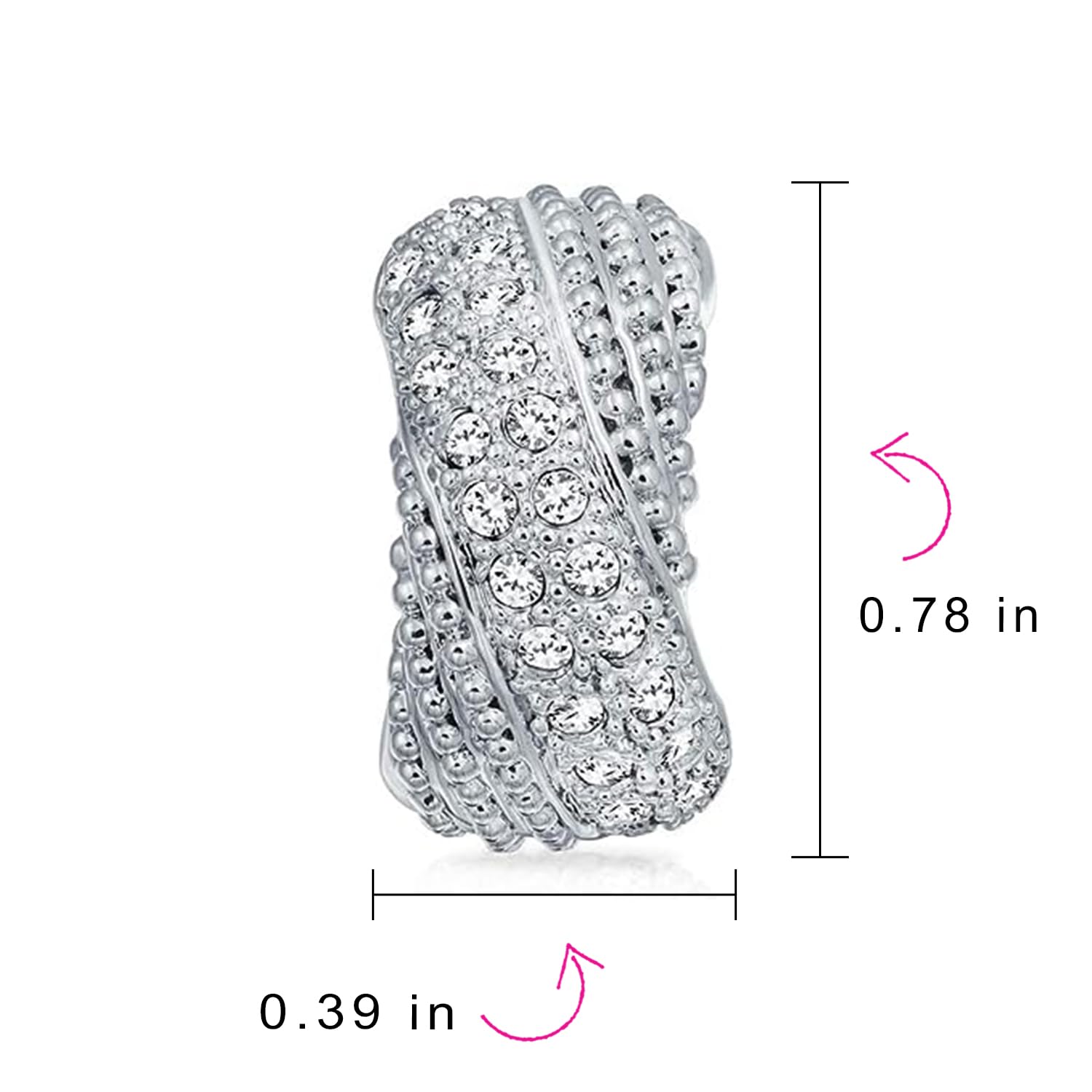 Bridal Prom Criss Cross Twisted Row Pave Crystal Dome Half Hoop Clip On Earrings Non Pierced Ears Silver Plated Brass
