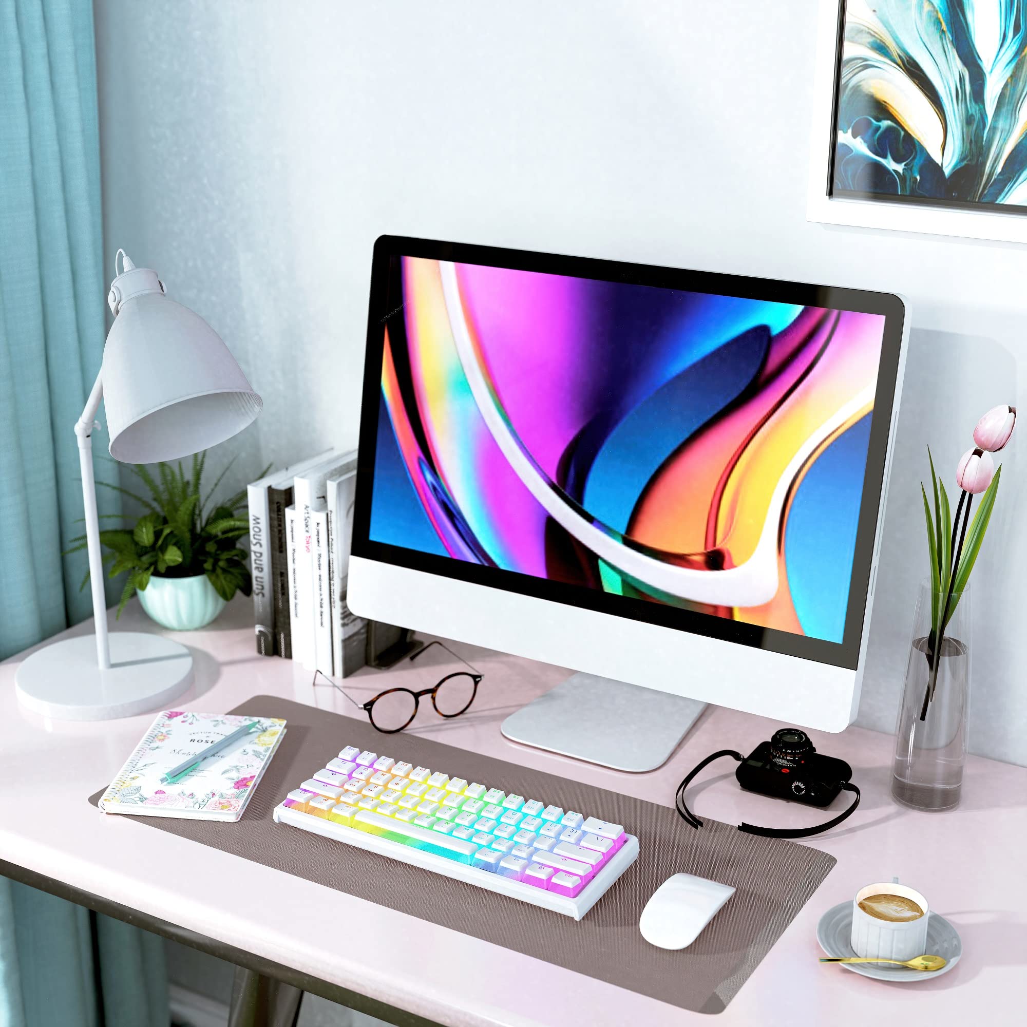 STOGA 60% Gaming Keyboard, White Mini Keyboard with Rainbow Blacklit, Wired Mechanical Keyboard for Computer, 61keys RGB Keyboard with Brown Switch,Pudding Keycap Keyboard for Windows PC/Mac Gamers