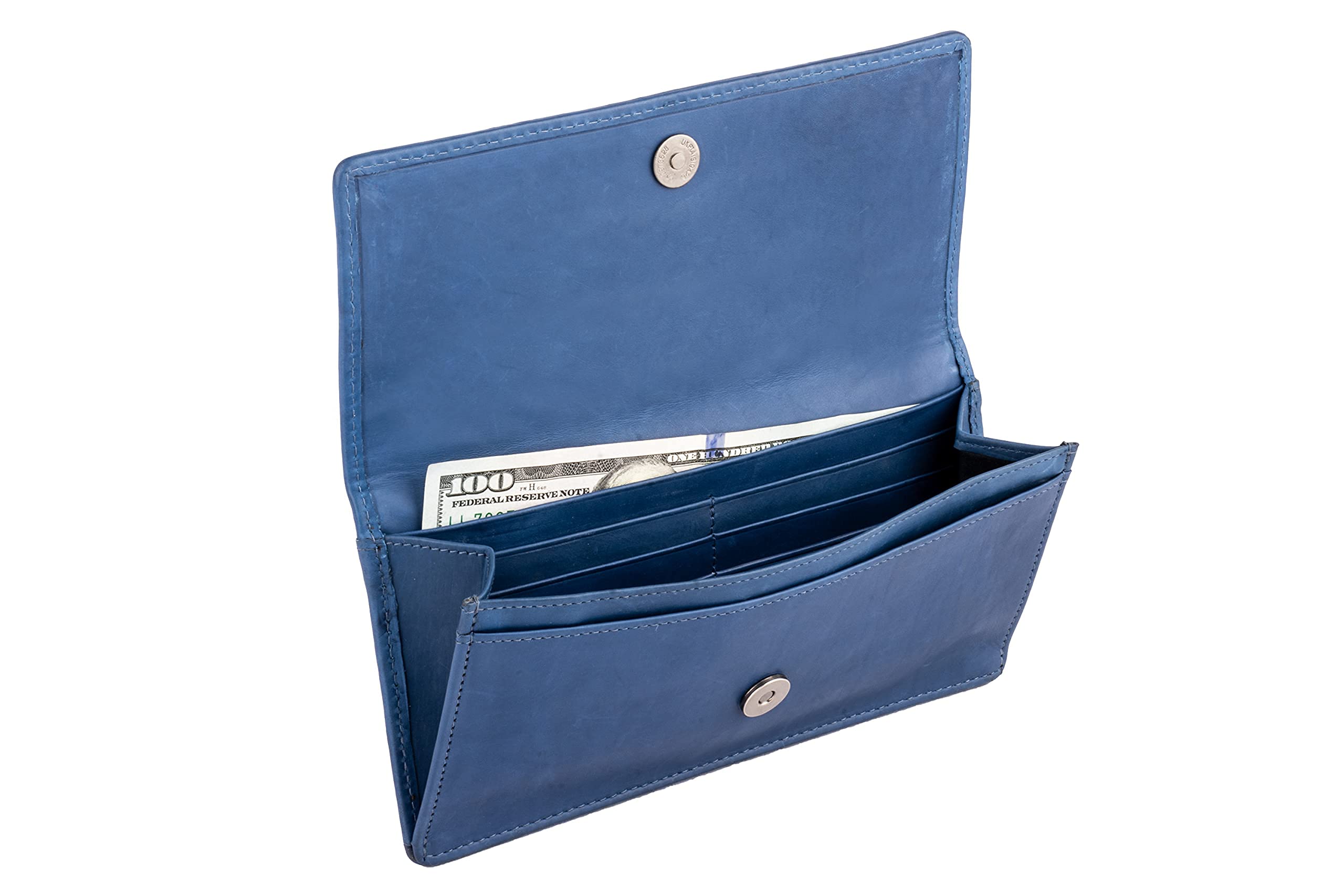 Zinda Genuine Leathers Women’s Wallet RFID Protection Long Purse Flap Over Quilted (Blue)