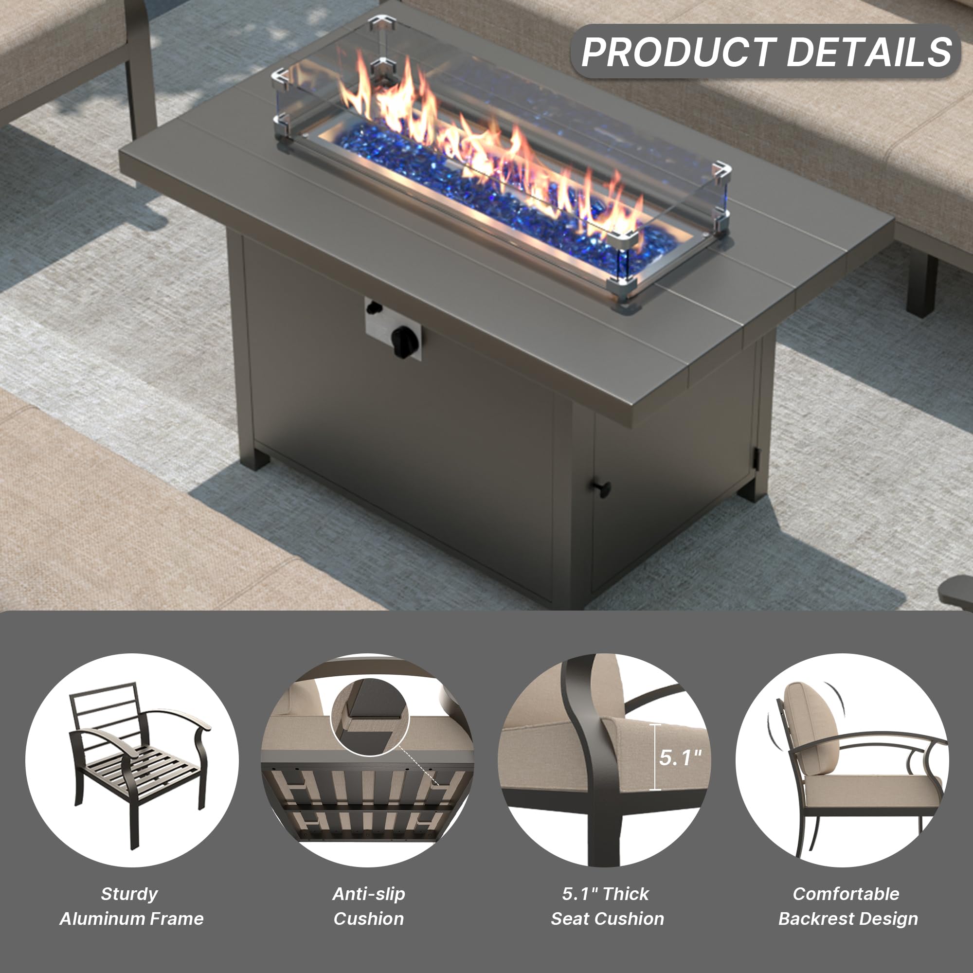 Gotland 6 Seats Outdoor Metal Patio Furniture Set with 55,000 BTU Gas Fire Pit Table w/Glass Wind Guard Patio Conversation Sectional Sofa Sets-Khaki