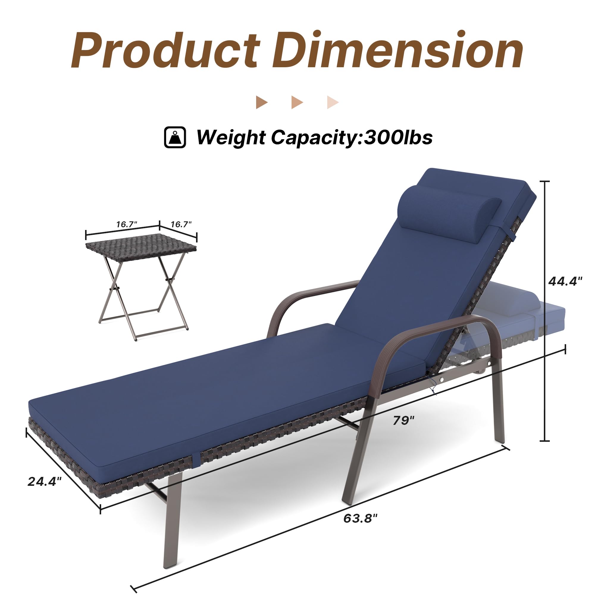 Gotland Patio Chaise Lounge Sets Outdoor Armchair Recliner Rattan Adjustable Back 3 Pieces Cushioned Patio Folding Chaise Lounge with Folding Table