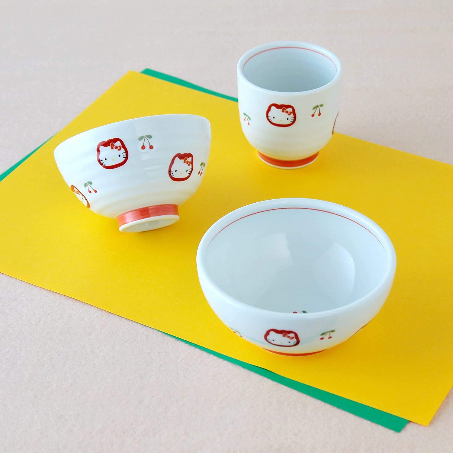 CtoC JAPAN 888321 Hello Kitty Cherry Dining Table Set/Rice Bowl φ4.2 inches (10.7 cm), Tea Cup φ2.9 inches (7.4 cm), Small Bowl φ4.7 inches (11.9 cm), Arita Ware, Made in Japan