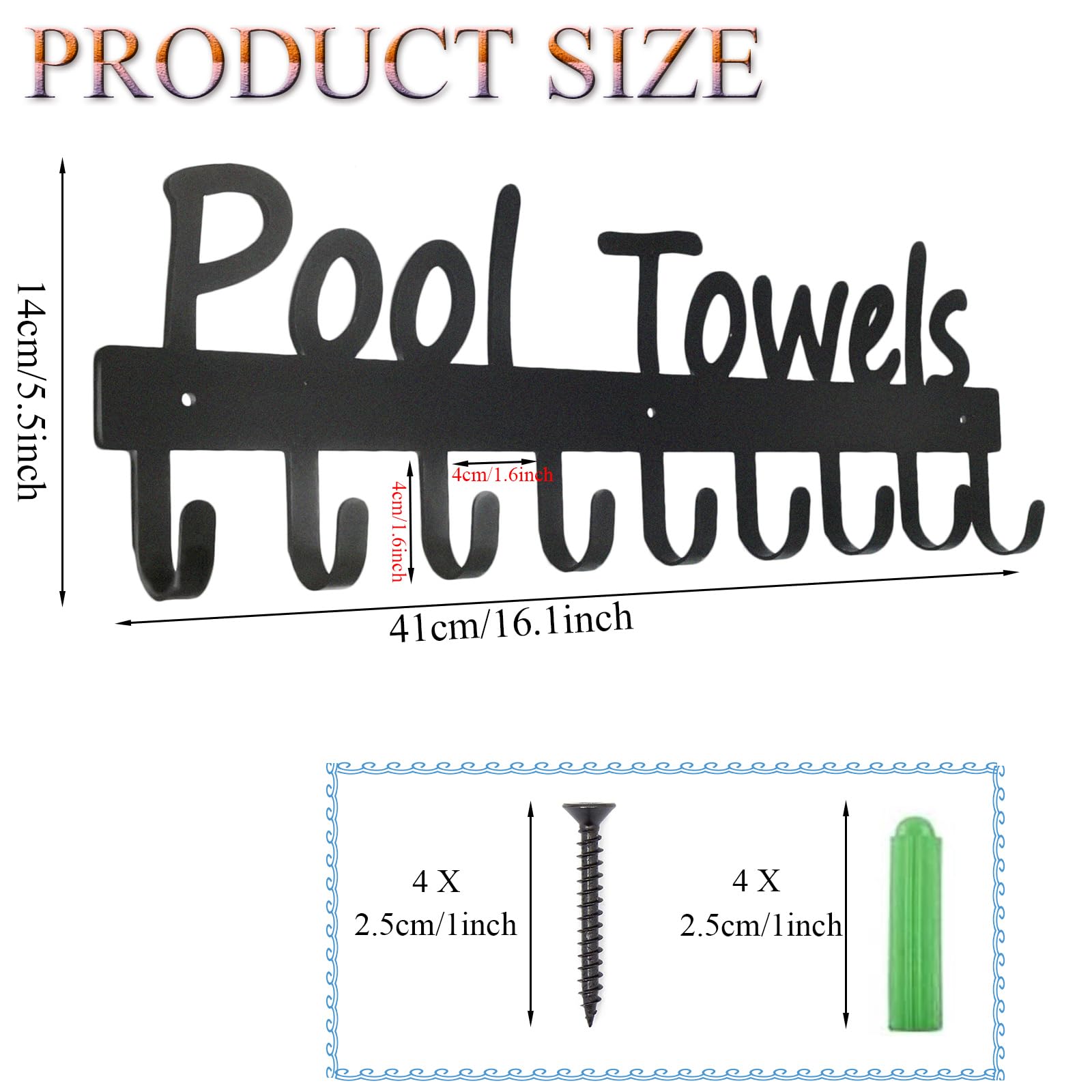 GreatMH Black Pool Towel Rack Outdoor Towel Rack for Pool Towel Hooks Towel Hanger for Bathrobes Clothes 9 Hooks (Black Hot Tub)