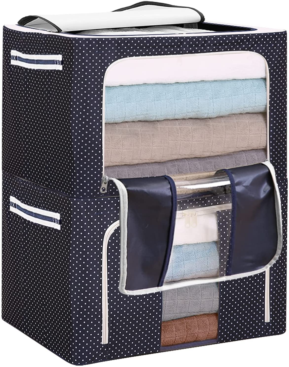 Storage Bins for Clothes , Oxford Cloth Closet Organizer Boxes with Clear Windows & Zippers & Metal Fraem, Foldable Large Capacity Storage Box Great for Clothes,Closets, Bedrooms(2 Pack 22L Blue)…