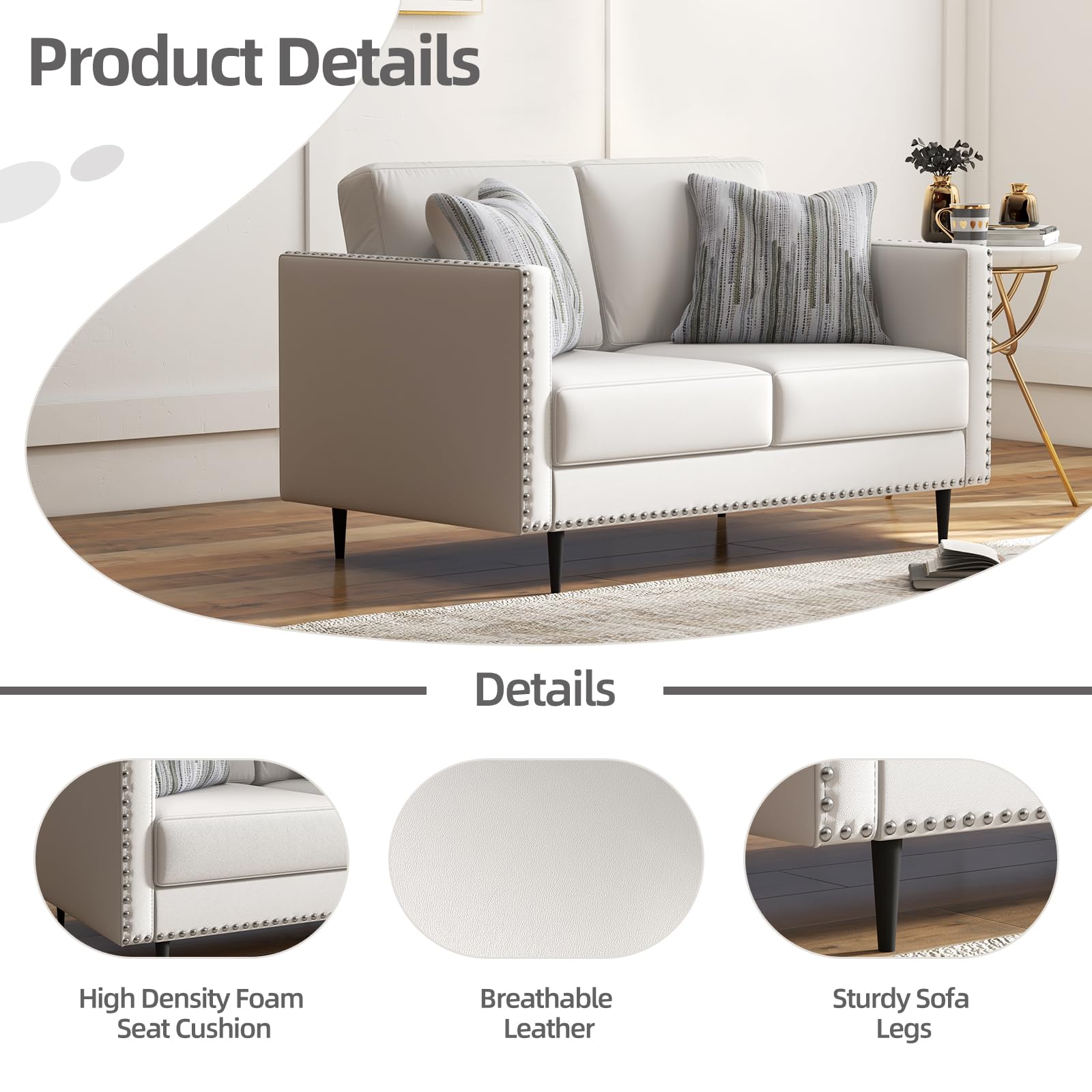 EBELLO Modern Loveseat Sofa Living Room, Upholstered 2-seat Leather Sofa Couch, Rivet Design, Wood Frame and Sturdy Legs Small Sofa for Small Space, Bedroom Office, White