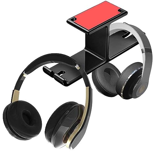 GOGUY Under Desk Hook Aluminum Stick-On Adhesive Dual Headsets Holder Mount PC Gaming Accessories, Headphone Stand with Cable Organizer,Black