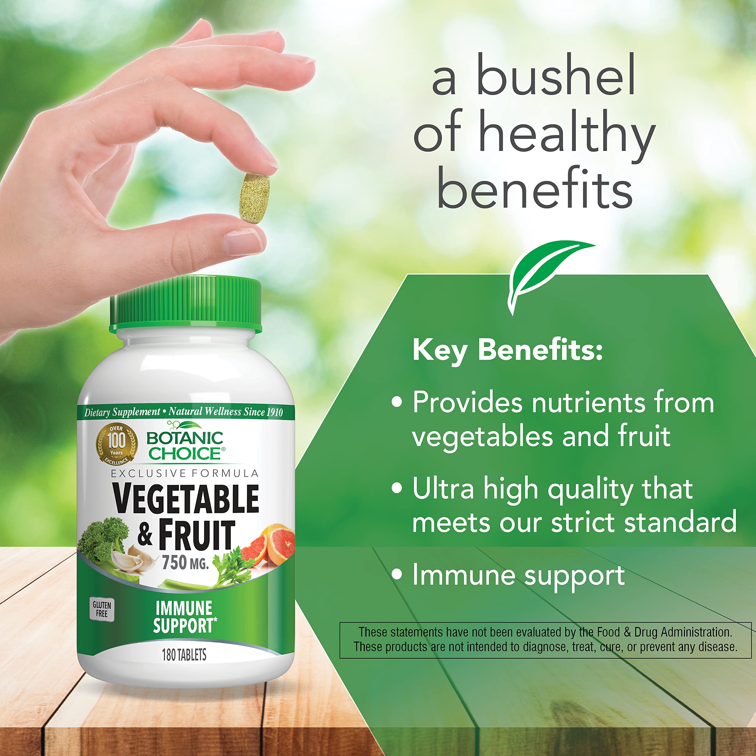 Botanic Choice Vegetable & Fruit -Fruits Plus Veggies on The Go, Fruit and Vegetable Vitamins with Essential Nutrients for Immune Support - 180 Tablets (750 mg Each)