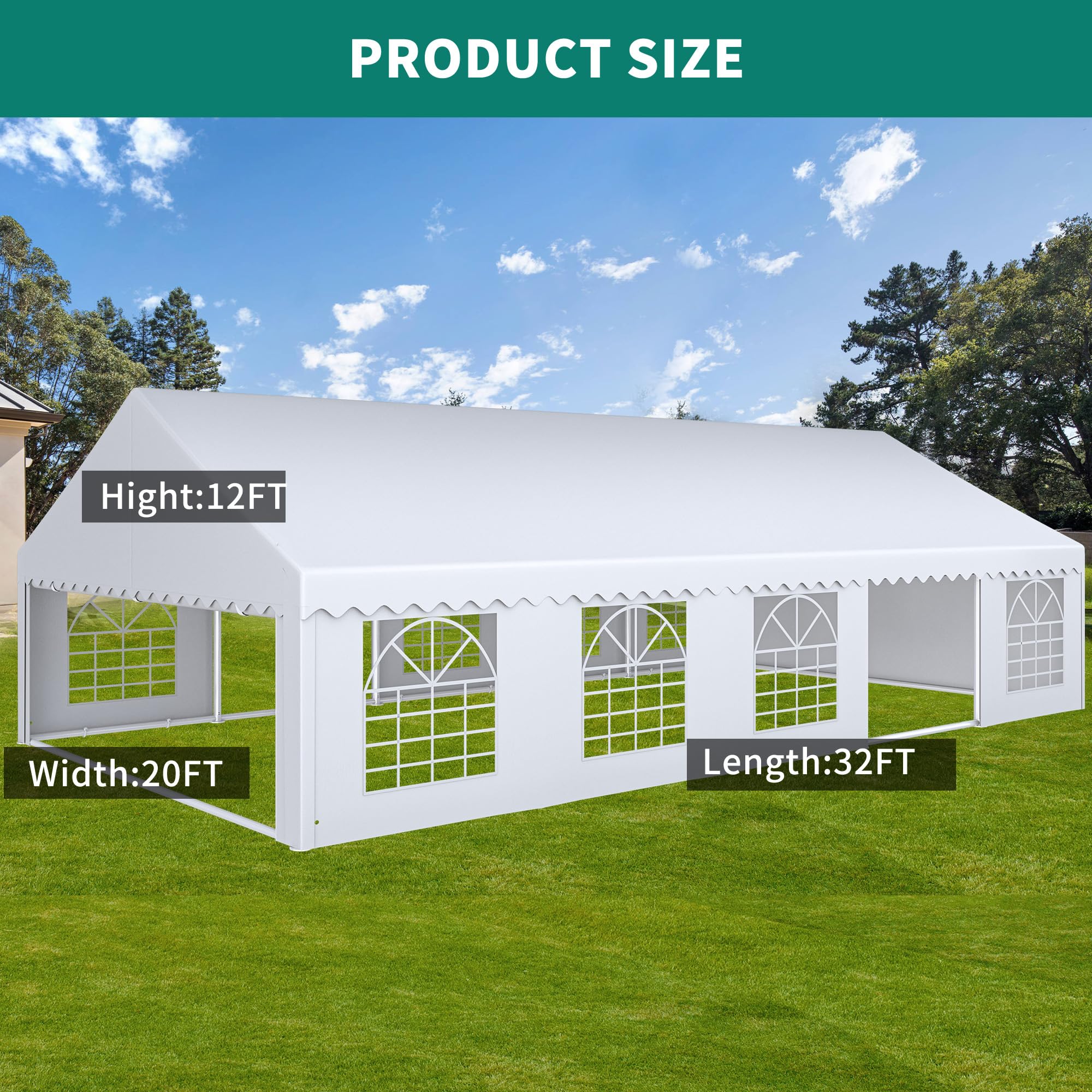 DWVO 20x40FT Heavy Duty Party PVC White Tent Wedding Event Shelters Upgraded Galvanized Ripple Canopy with Large Roof Removable Sidewalls & 3 Storage Bags 600D Oxford Commercial