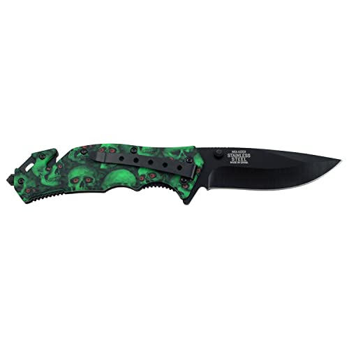 Master USA β Spring Assisted Folding Knife β Black Stainless Steel Blade, Green Skull Camo Coated Nylon Fiber Handle w/ Rope Cutter, Glass Punch, Pocket Clip, Tactical, EDC, Self Defense- MU-A001GNSC