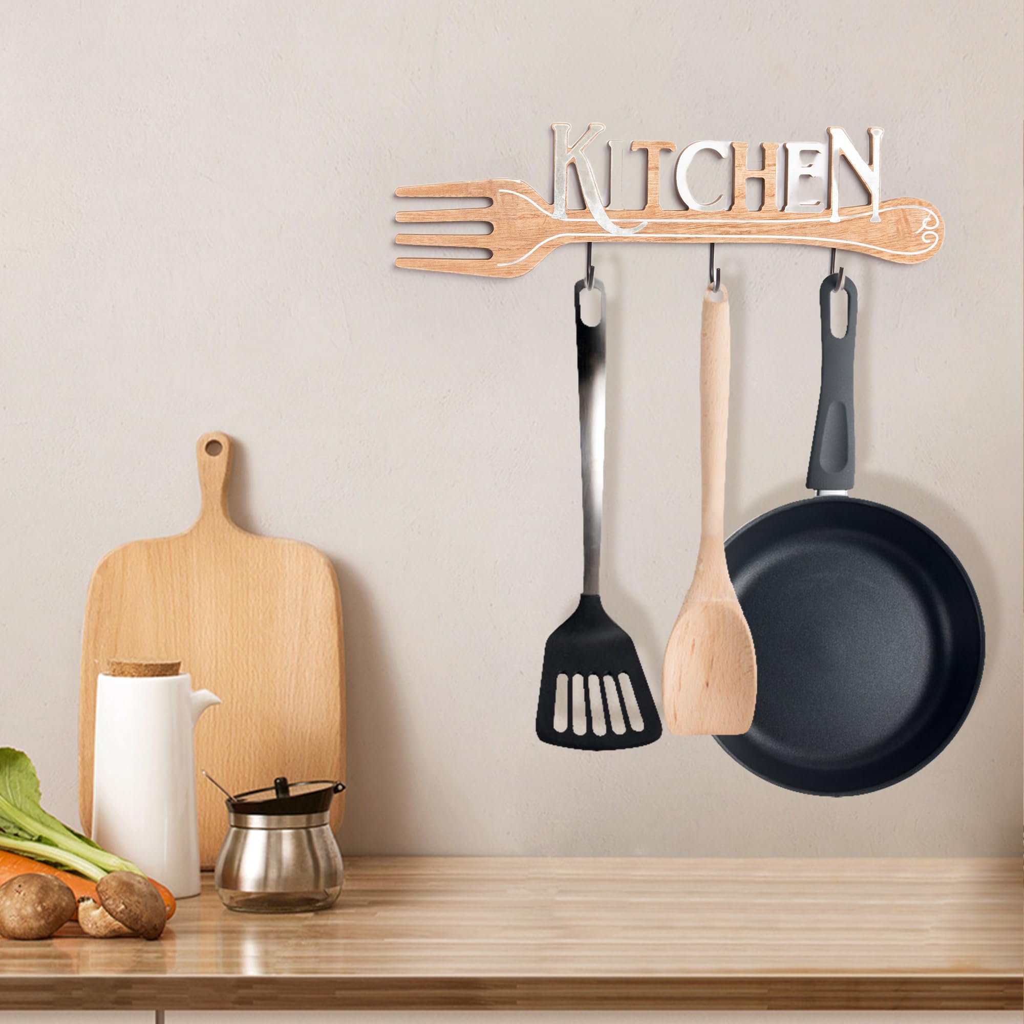 GENMOUS Kitchen Utensil Rack, Rustic Wood Coat Rack Wall Mount Shelf with Hooks, Kitchen Farmhouse Wall Coat Rack with Shelf & Coat Hook with 3 Hooks for Kitchen Decor