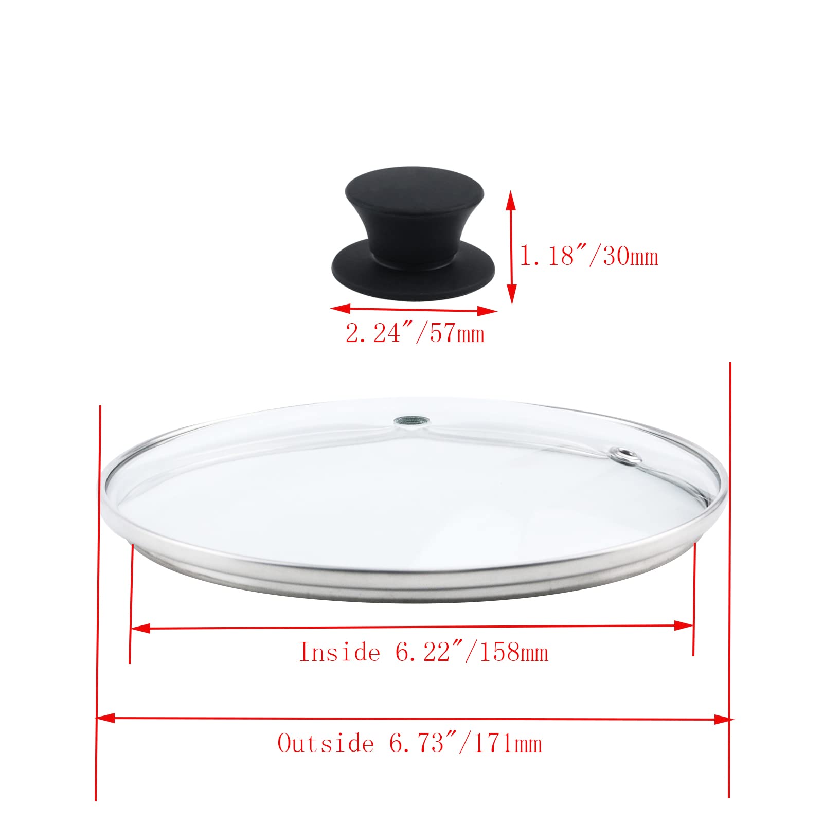 Geesatis 6.5"Tempered Glass Lid Heat Resistant Silicone Handle Frying Pan Lid Replacement Lid for Universal Pans, Pots, 1 Set, with Cleaning Pad