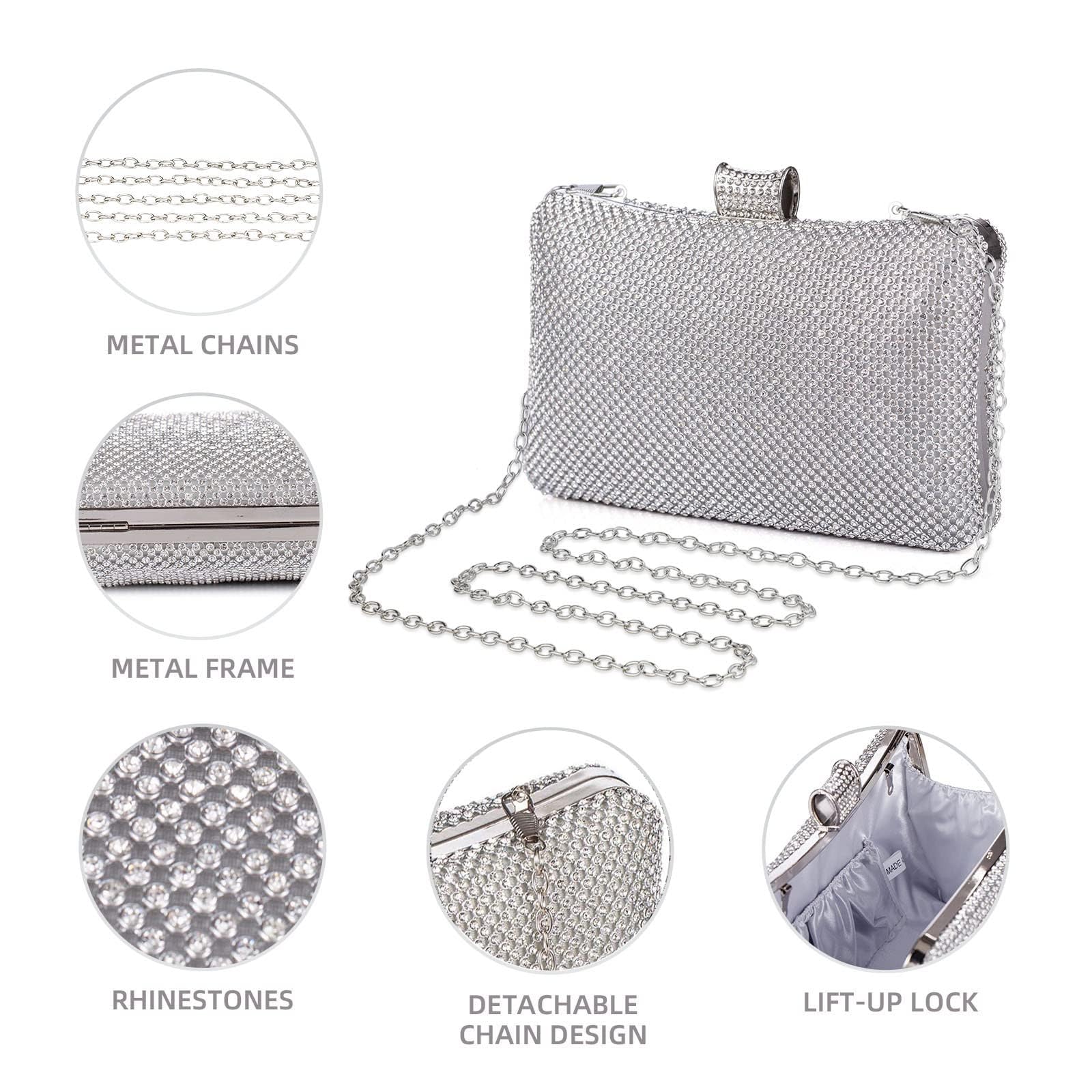 Pinprin Ladies Sparkly Rhinestones Evening Clutches Women's Crystal Diamante Evening Bag Prom Wedding Handbag Party Purse (B-Gold)