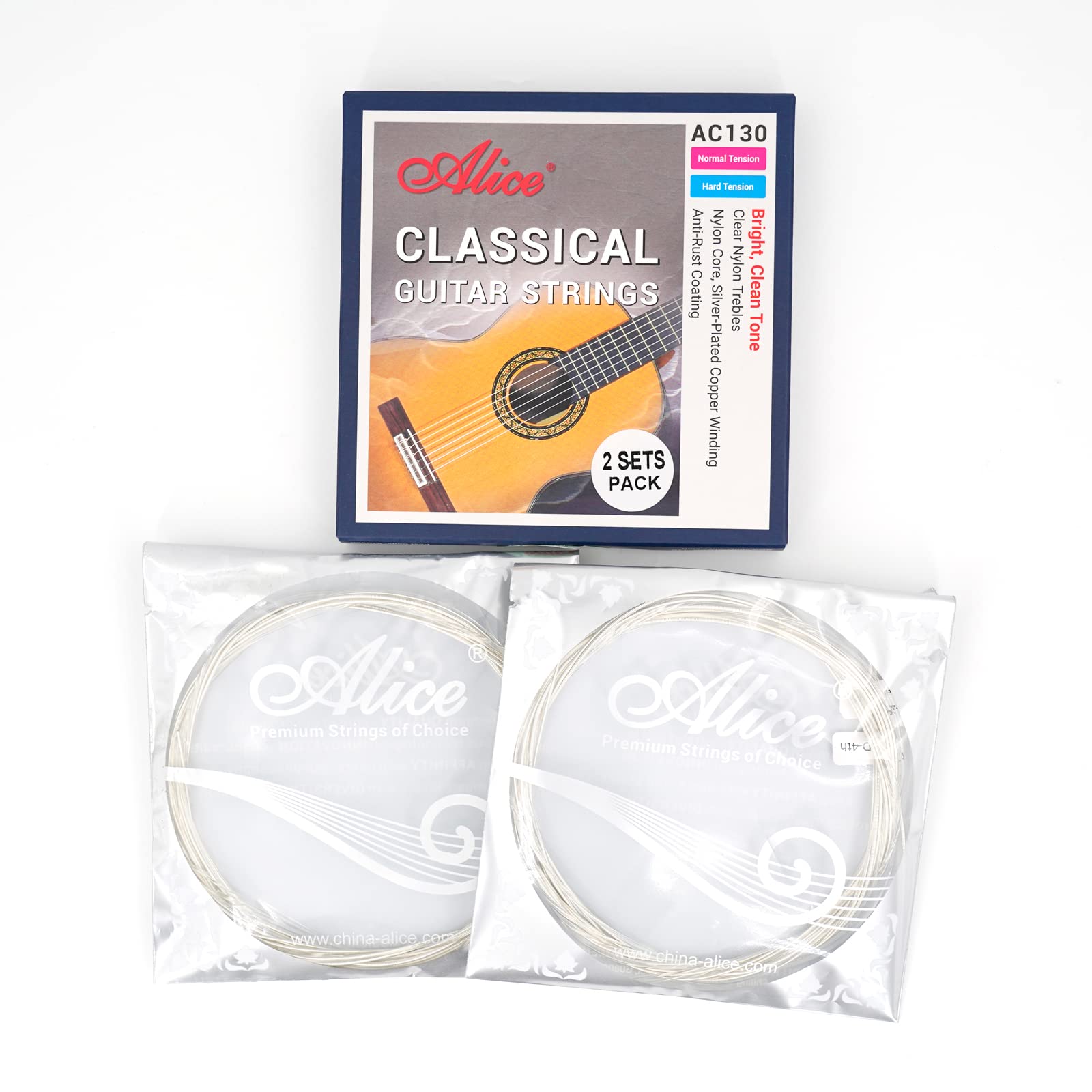 Classical Guitar Strings, Alice 2 Set Classic Guitar 6 Strings Clear Nylon Normal Tension 28-43 Gauge with Anti-Rust Coating, Silver Plated Wrap (AC130)