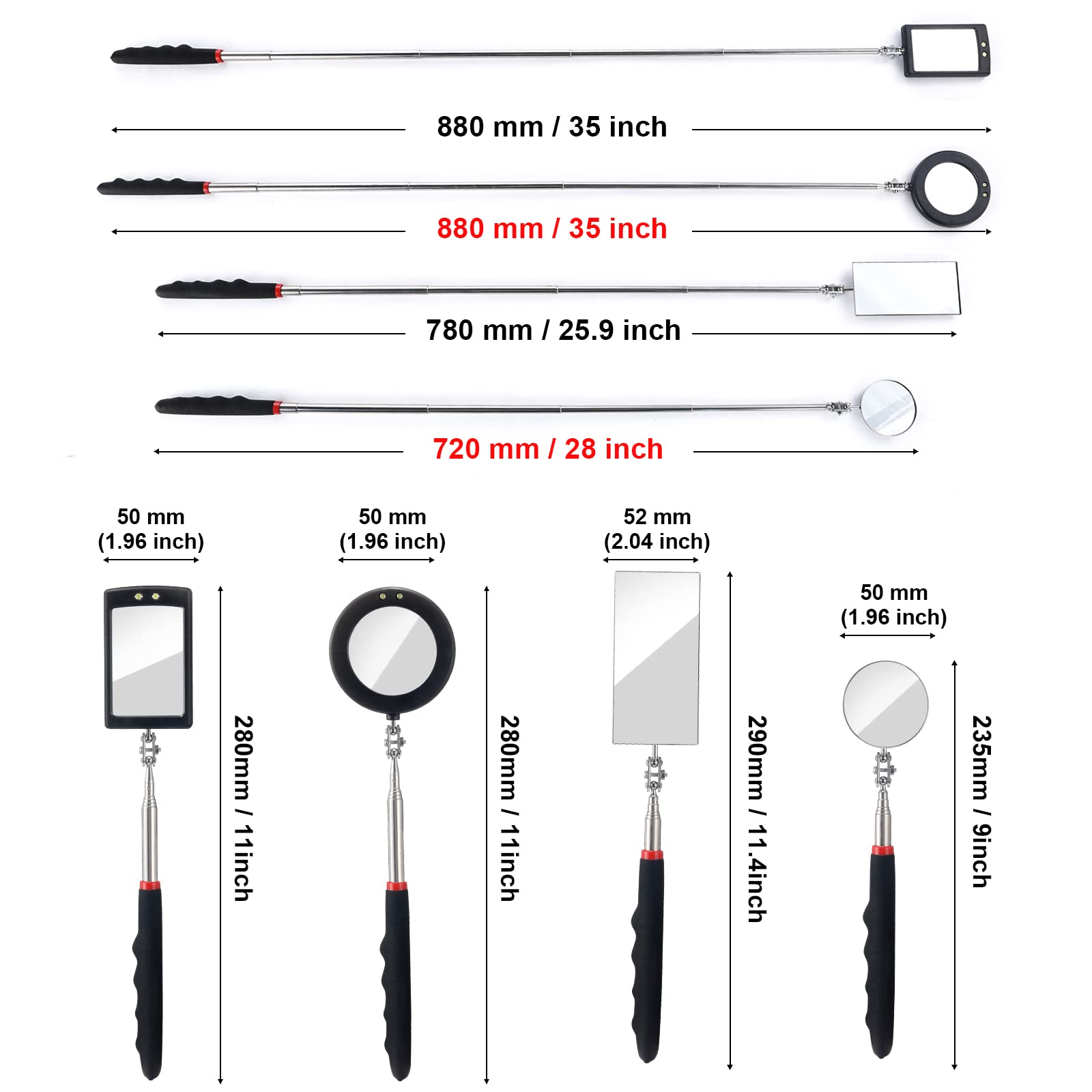 KABUDA 4PCS Telescoping Inspection Mirror LED Lighted Inspection Mirror for Mechanic Checking Vehicle, Car, Eyelashes, Mouth, Small Parts Observation (Extendable, Rectangle & Round)