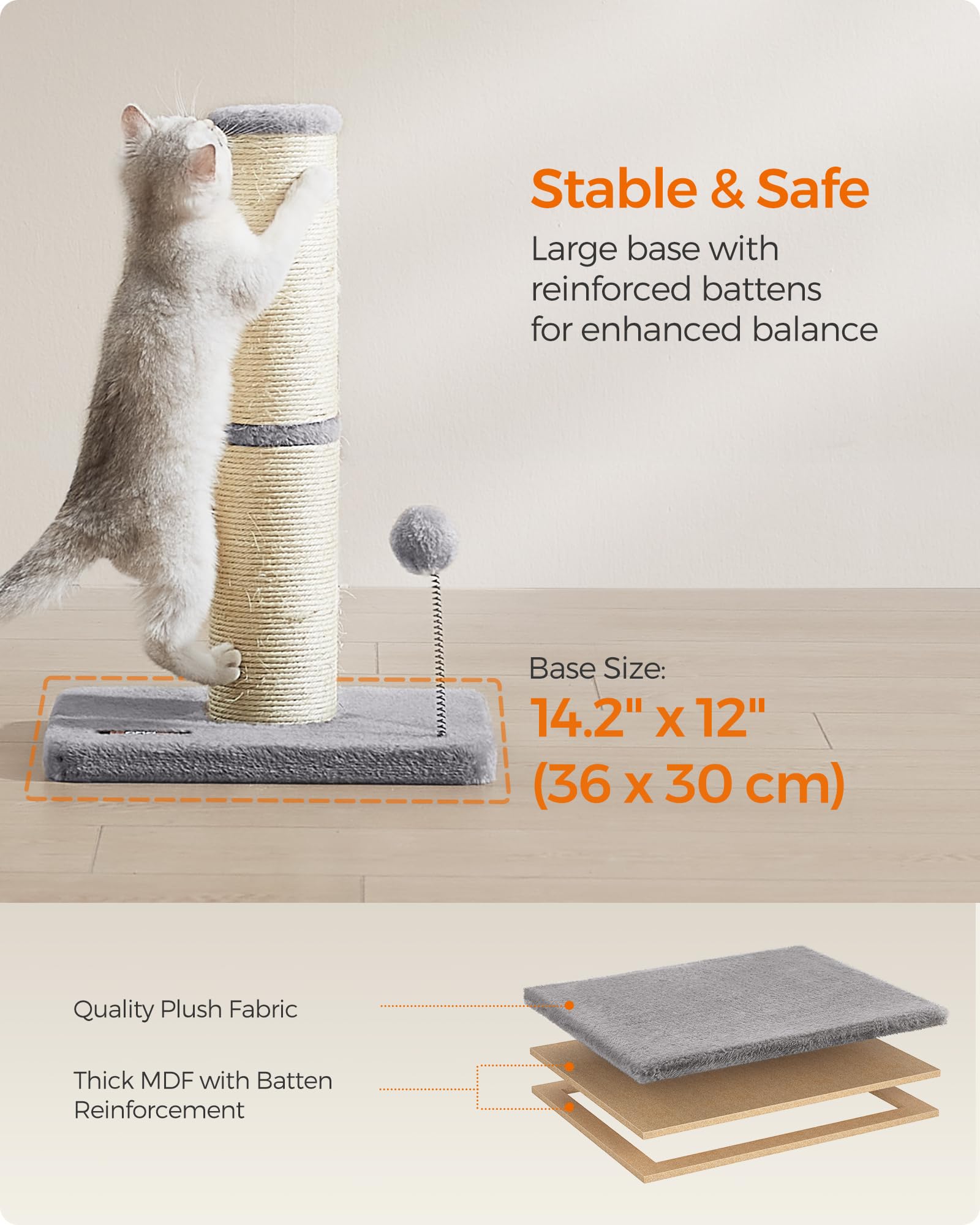 Feandrea Cat Scratching Post, 20.8-Inch Tall Cat Scratcher for Kittens, Small and Medium Cats, Sisal Scratch Pole, Spring Pompom with Built-in Bell, Dove Gray UPCA023G01