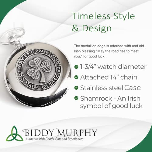 Biddy Murphy Shamrock Pocket Watch Made in Ireland Shamrock Pewter Medallion Stainless Steel Case with Chain Exclusive Made by Mullingar Pewter on Co. Westmeath, Ireland
