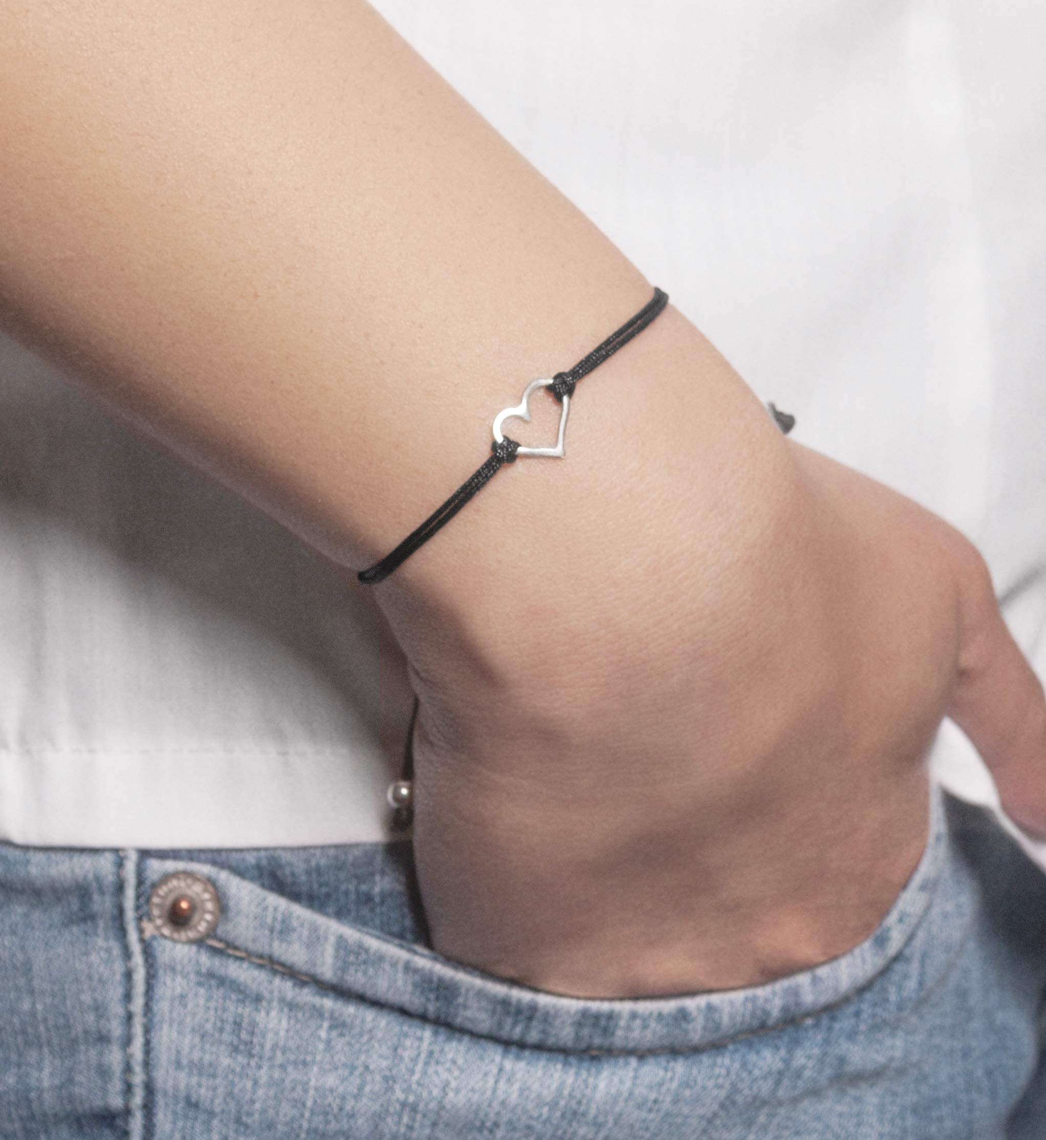 Claudia Lira Joyas Black Womens Friendship Bracelet, Small Handmade Sterling Silver 925 Open Heart Shaped Charm, Pull Adjustable Kindred Cord Thread. Handmade Heart Gift Set