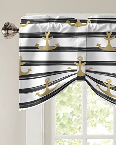 OneHoney Tie Up Curtain Valances Window Topper,Shade Valance for Kitchen Windows Nautical Theme Gold Anchor Rod Pocket Tie-up Curtains Window Treatment Drapes Black White Stripes 1 Panel-42 x18